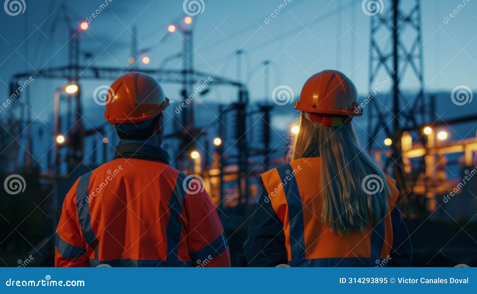 Back View of Two Engineers on Electrical Substation in the Evening ...
