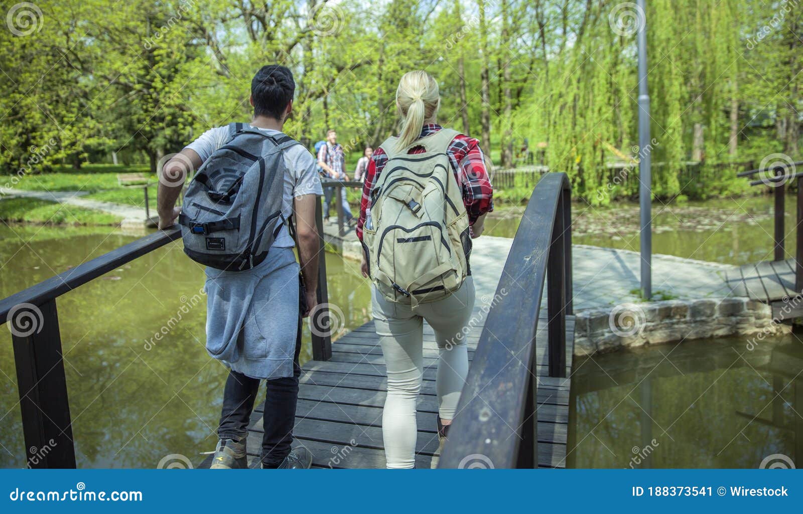 Back View of Two Friends on a Small Bridge in a Park on a Sunny Day ...