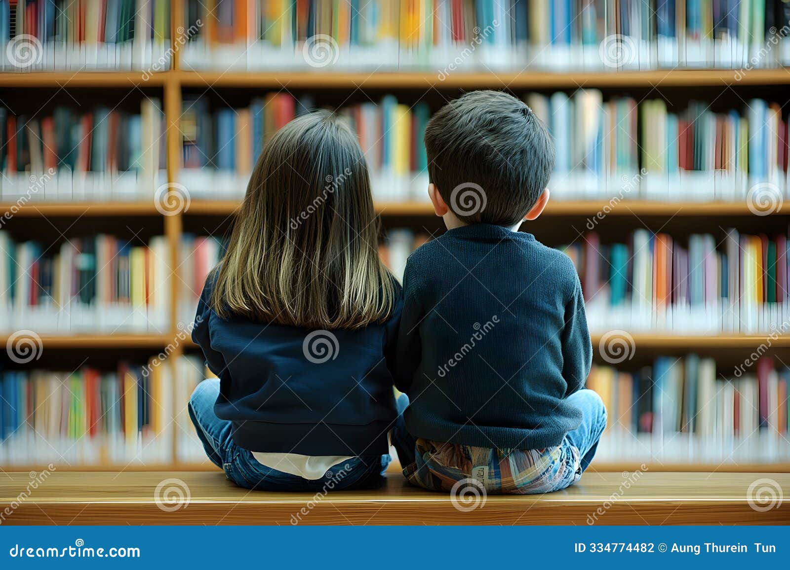 A Back View of Two Kids Sitting in Front of a Giant Bookshelf Stock ...