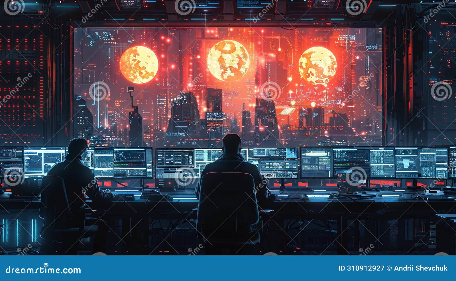 Back View of Two Security Guards in Surveillance Room. Concept of Cyber ...