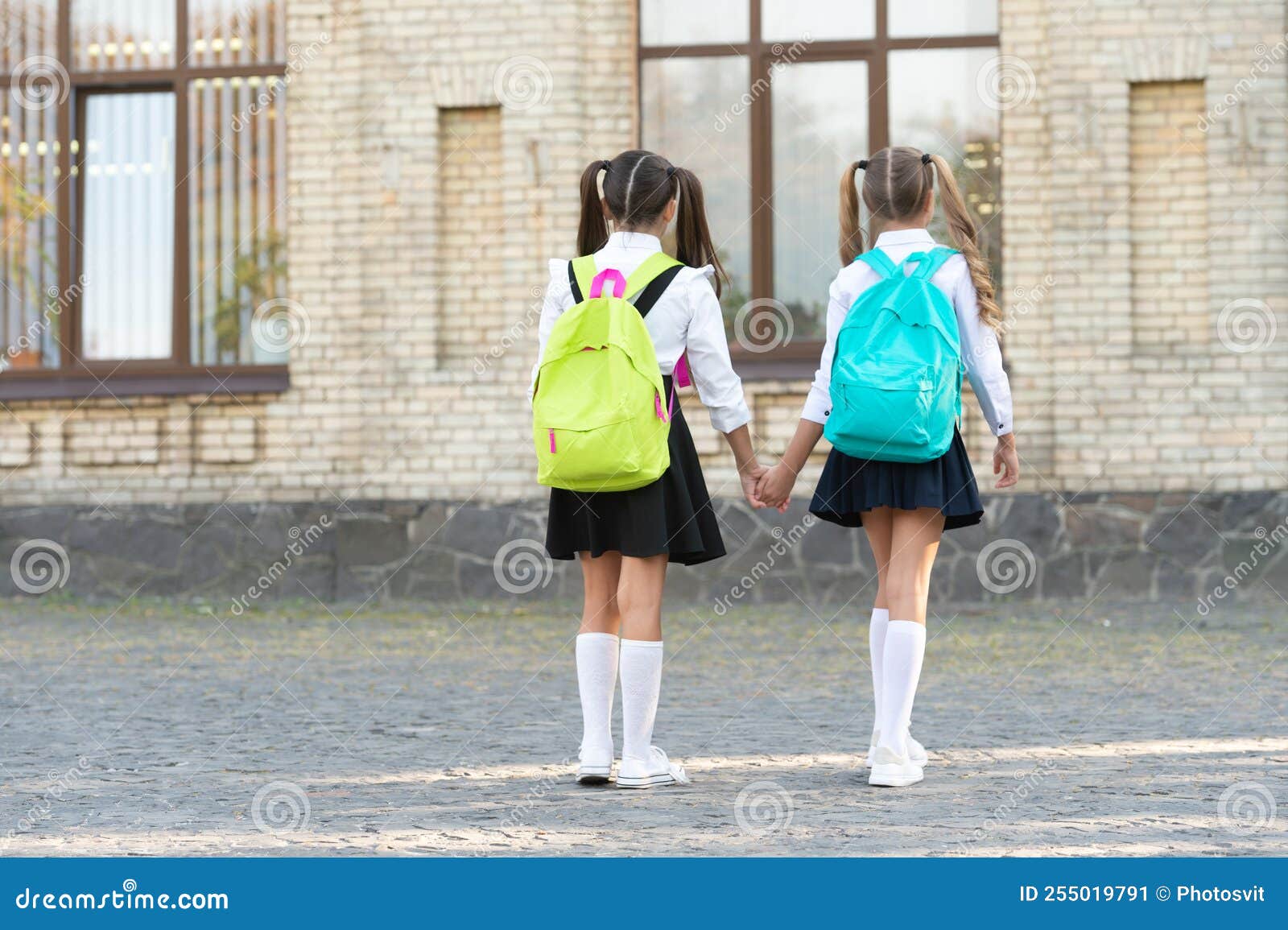 Back View of Two Students with School Backpack Walking Together Outdoor ...