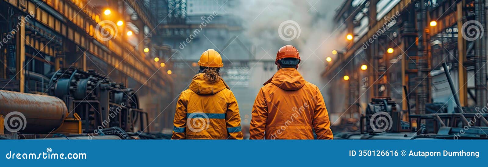 Back View of Two Workers in Safety Gear Inside a Large Industrial ...