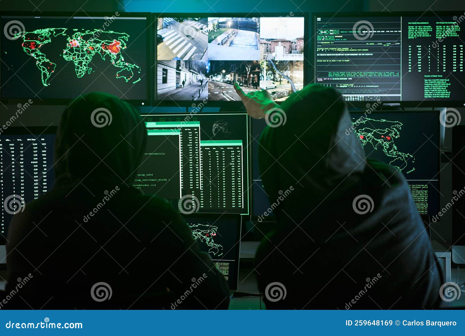 Back View of Unrecognizable Criminal Team Hacker Pointing Security ...