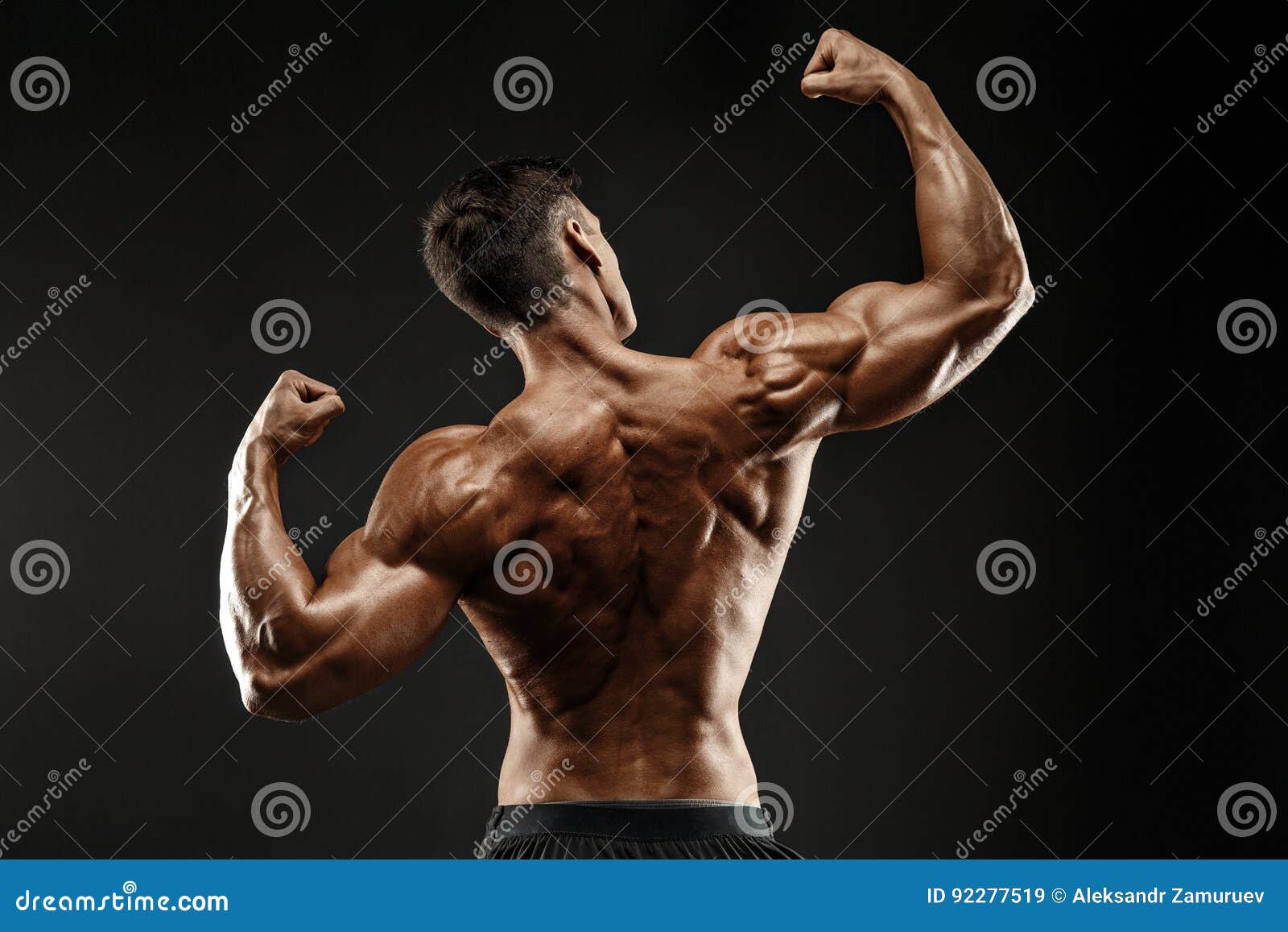Back View of Unrecognizable Man, Strong Muscles Posing with Arms Up ...