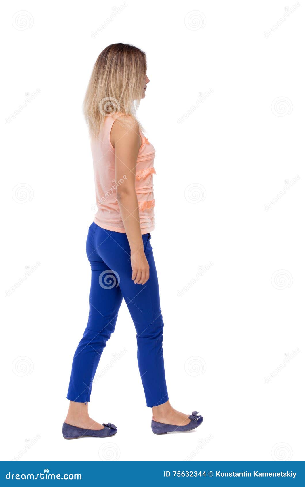 Back View Of Walking Woman Beautiful Blonde Girl In Motion B Royalty