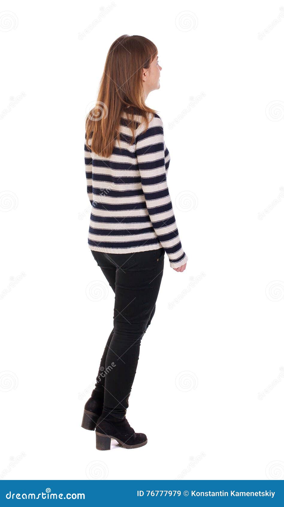 Back View Of Walking Woman Beautiful Blonde Girl In Motion Stock