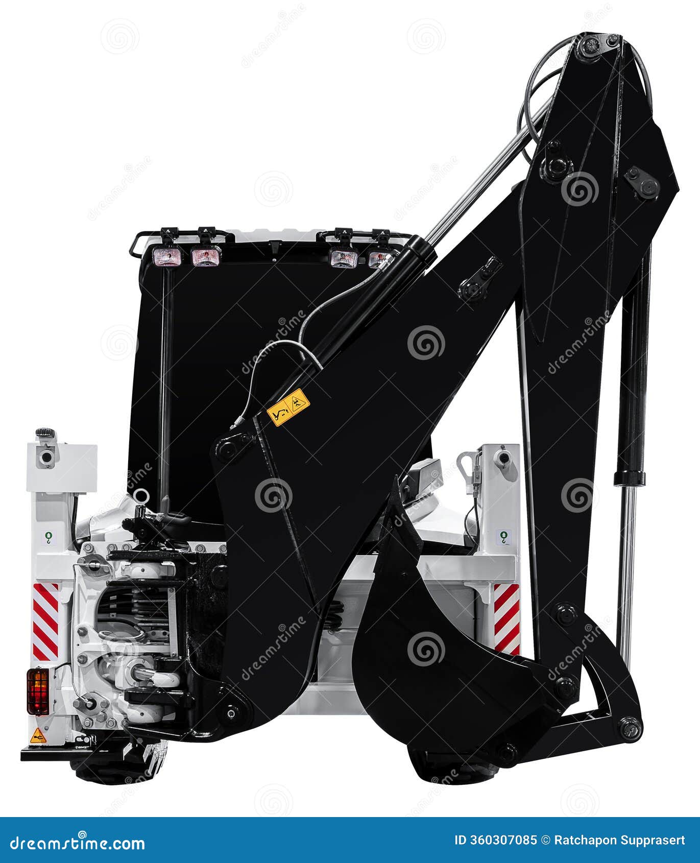 Back View White Backhoe with Black Excavator Arm Isolated on White ...