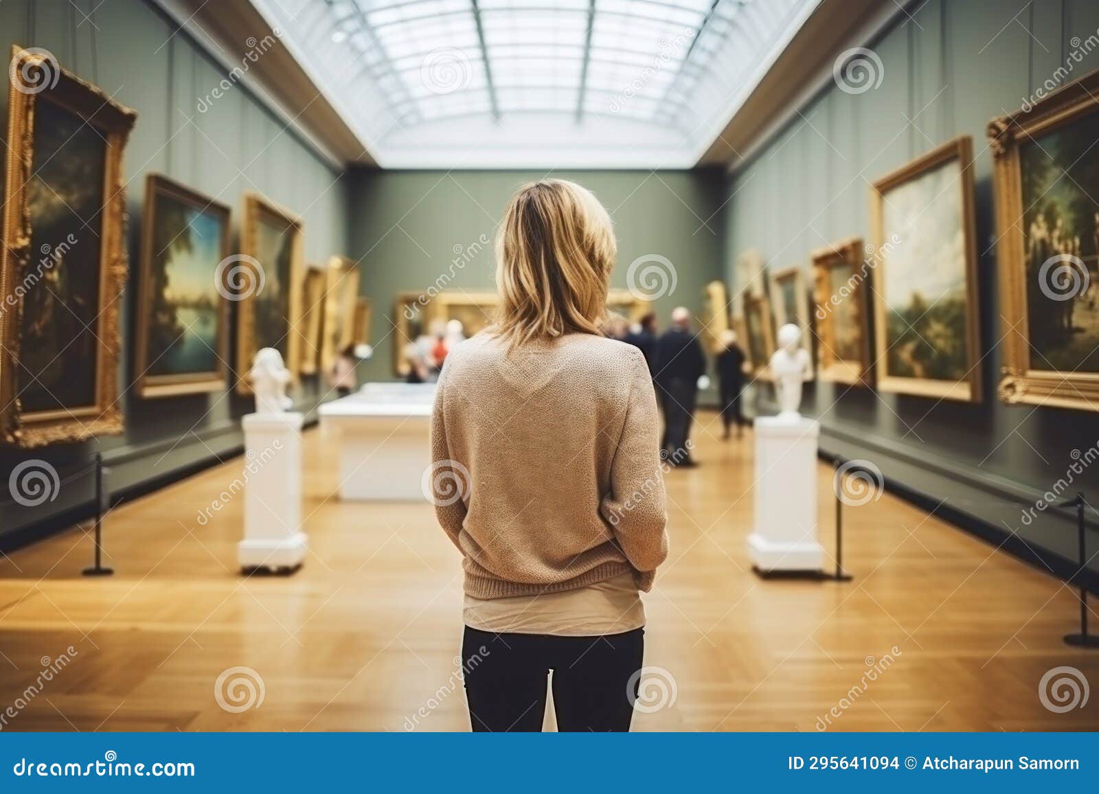 Back View of Woman in Art Gallery Appreciating Artwork Stock Photo ...