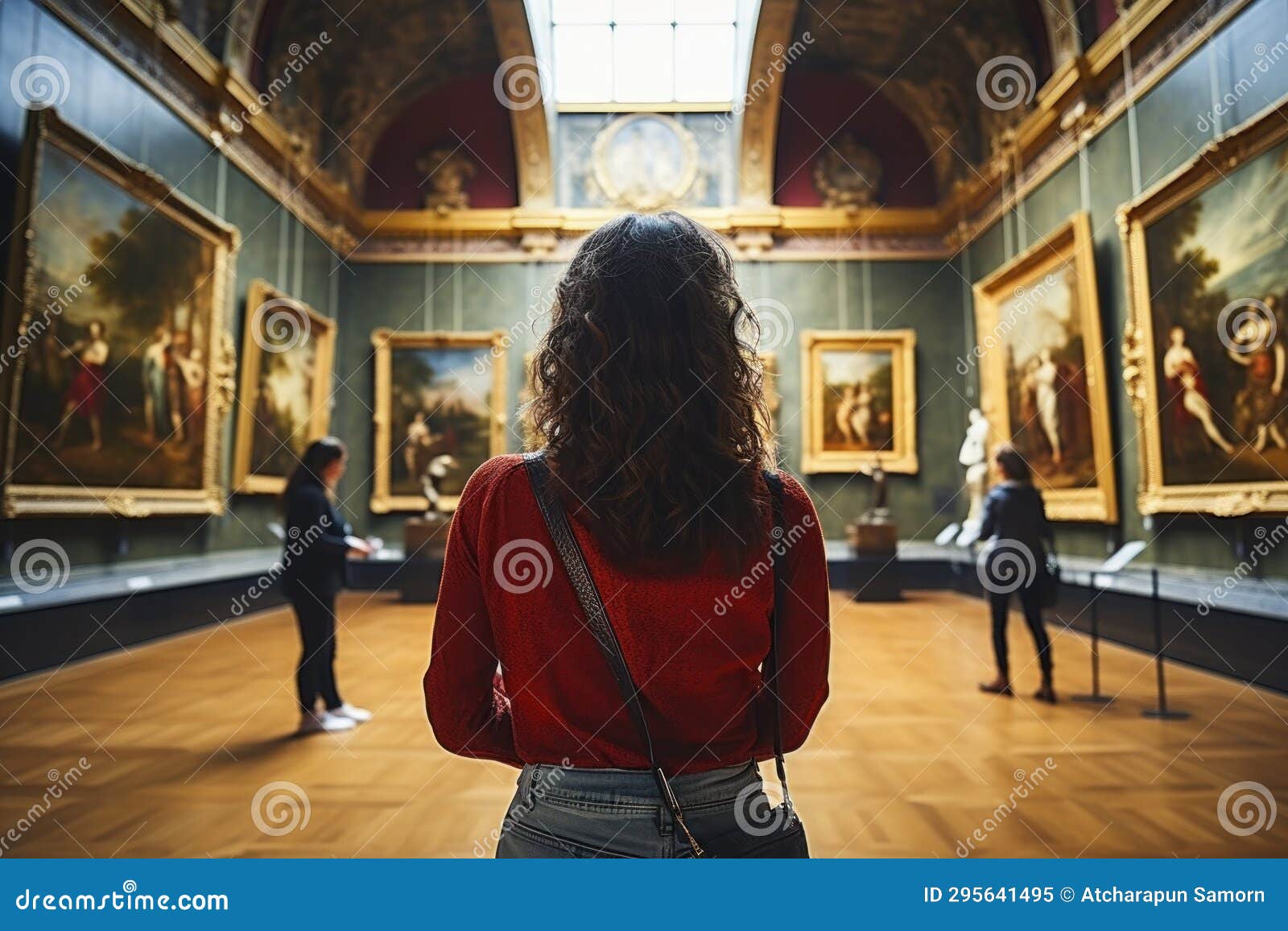 Back View of Woman in Art Gallery Appreciating Artwork Stock Image ...
