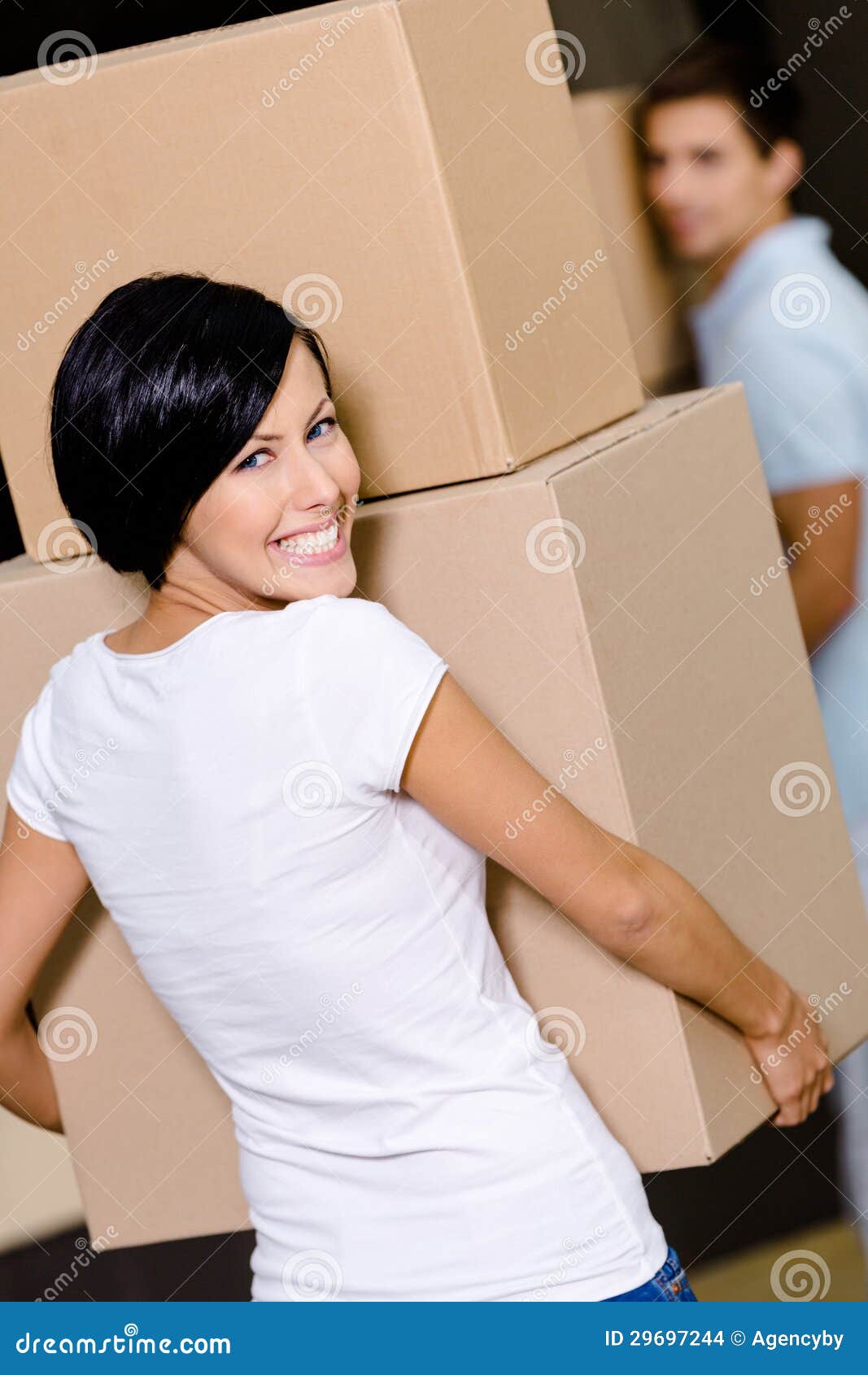 Back View of Woman Carrying Cardboard Boxes Stock Photo - Image of ...