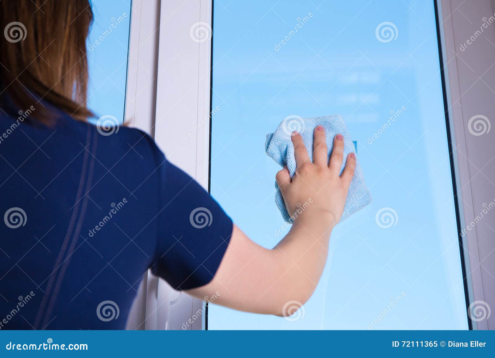 Back View of Woman Cleaning Window with Rag at Home Stock Image - Image ...