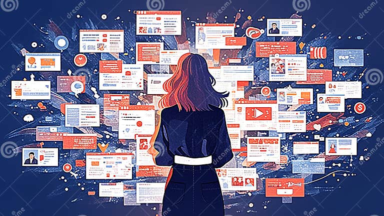 Back View of Woman Exploring Digital Information Overload Stock ...