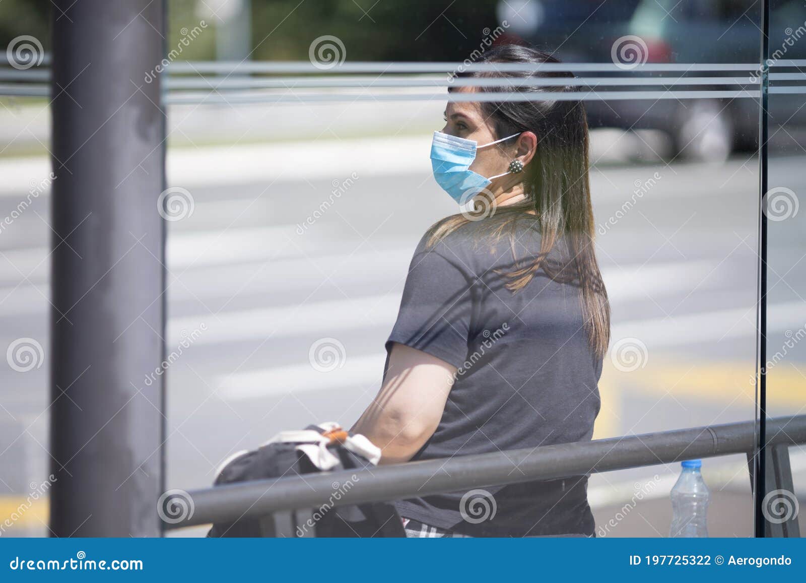 Back View of Woman with Face Mask Waiting for Bus Stock Photo - Image ...
