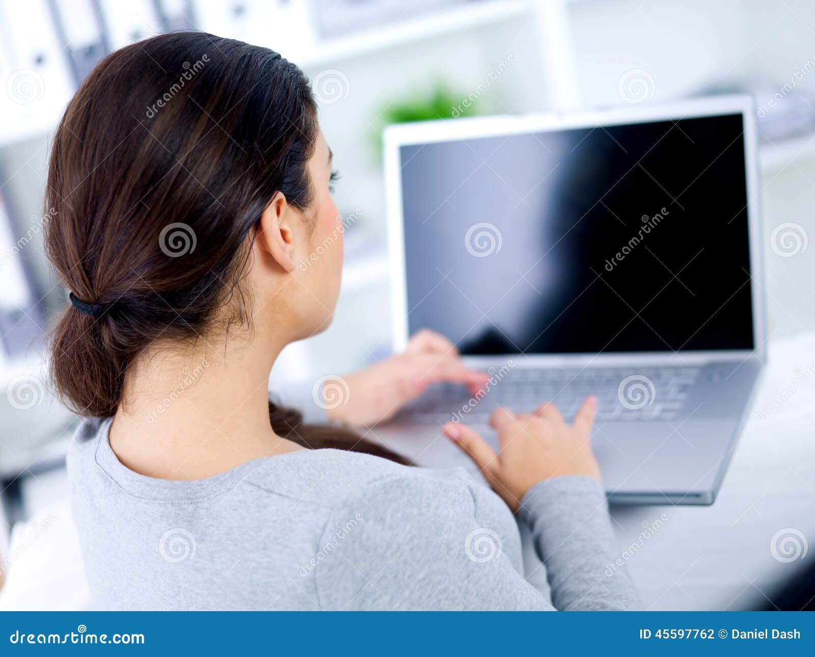Back View of Woman on Her Laptop Stock Photo - Image of close ...