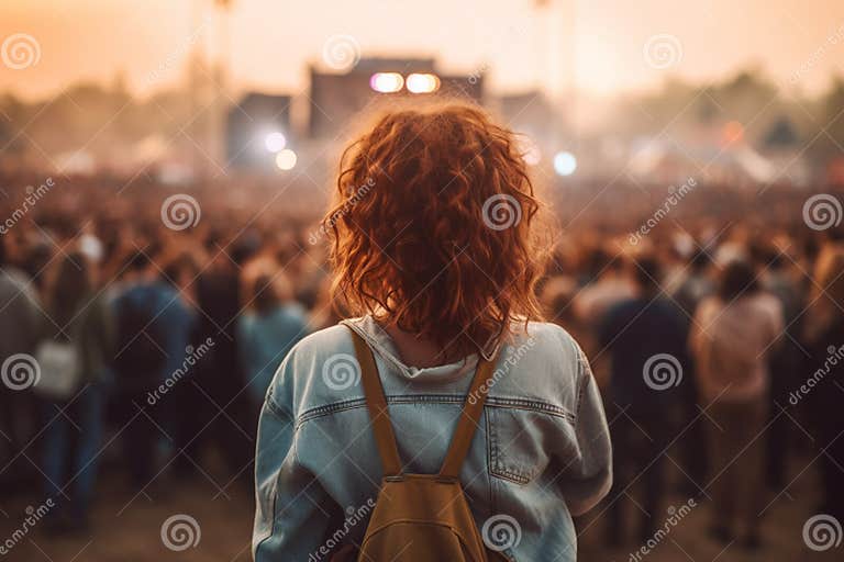 Back View Of Woman In Jeans Jacket At Music Concert Festival Stock