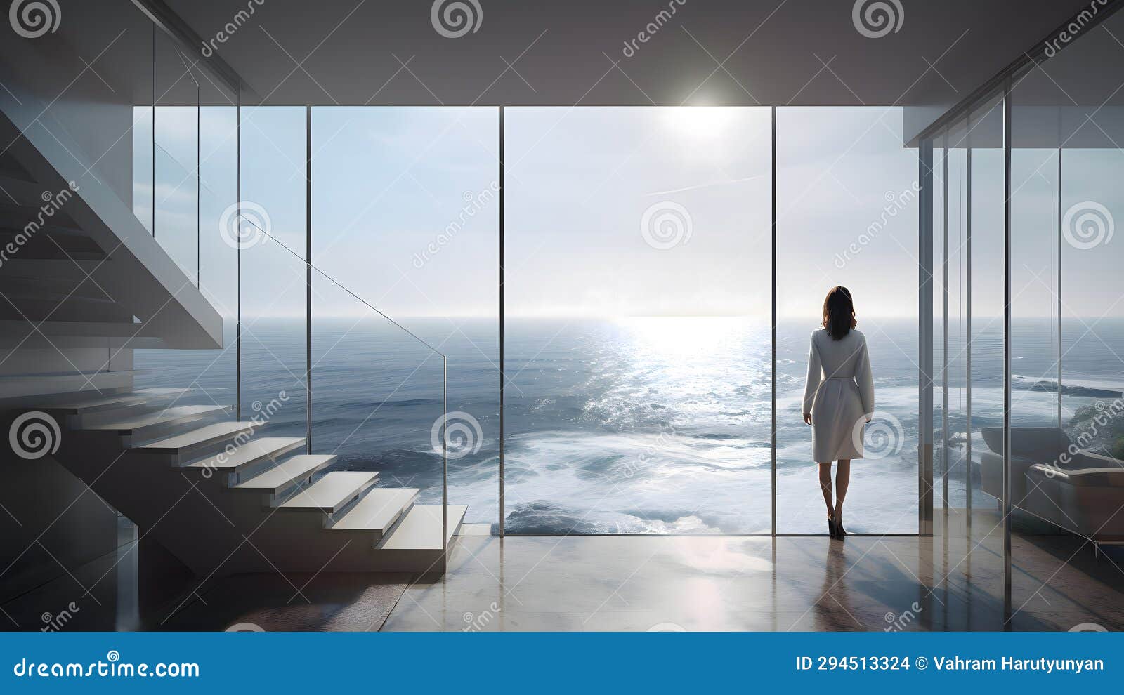 Back View of Woman in Modern House Stock Illustration - Illustration of ...