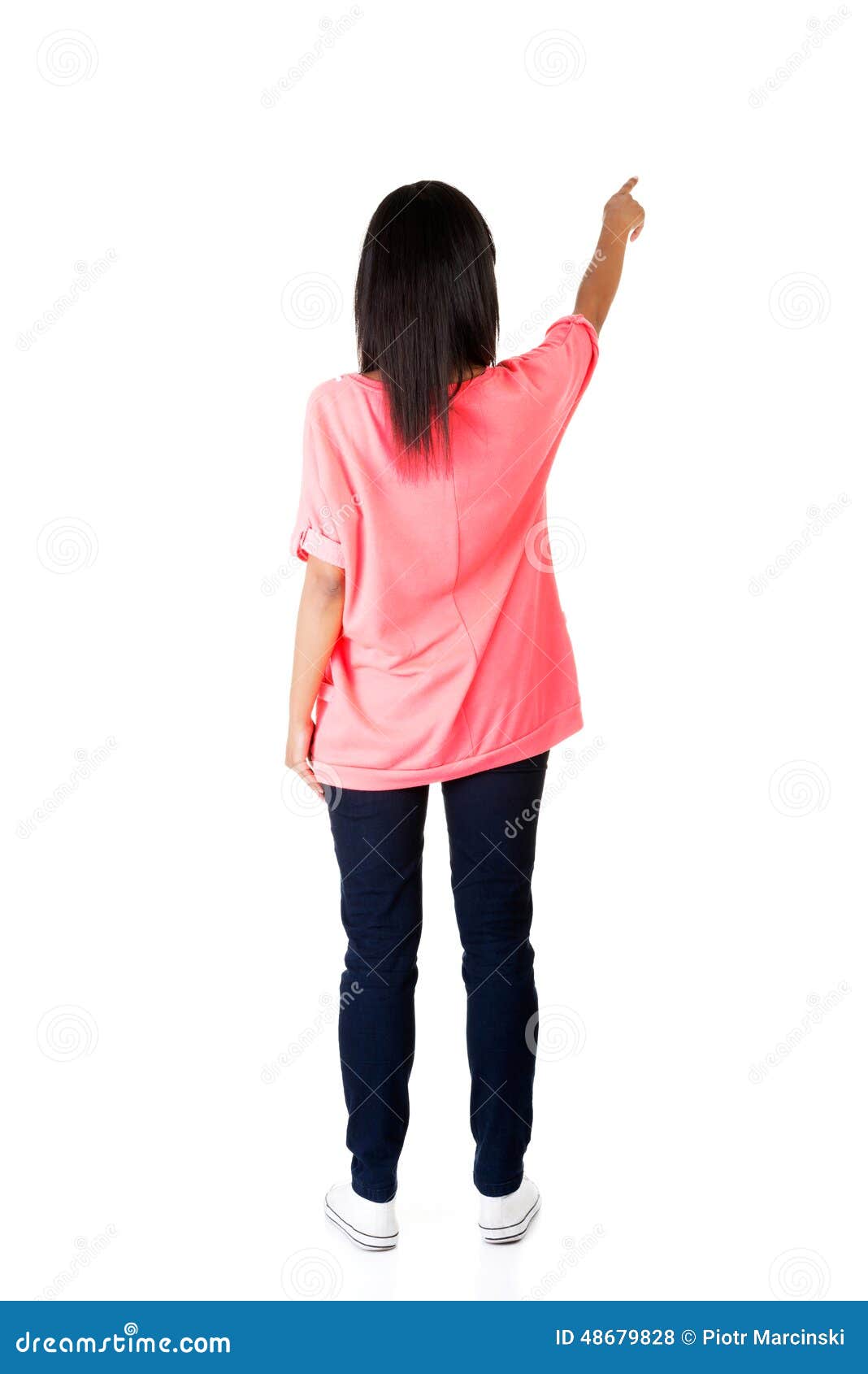 Back View of a Woman Pointing Up Stock Photo - Image of student, smile ...