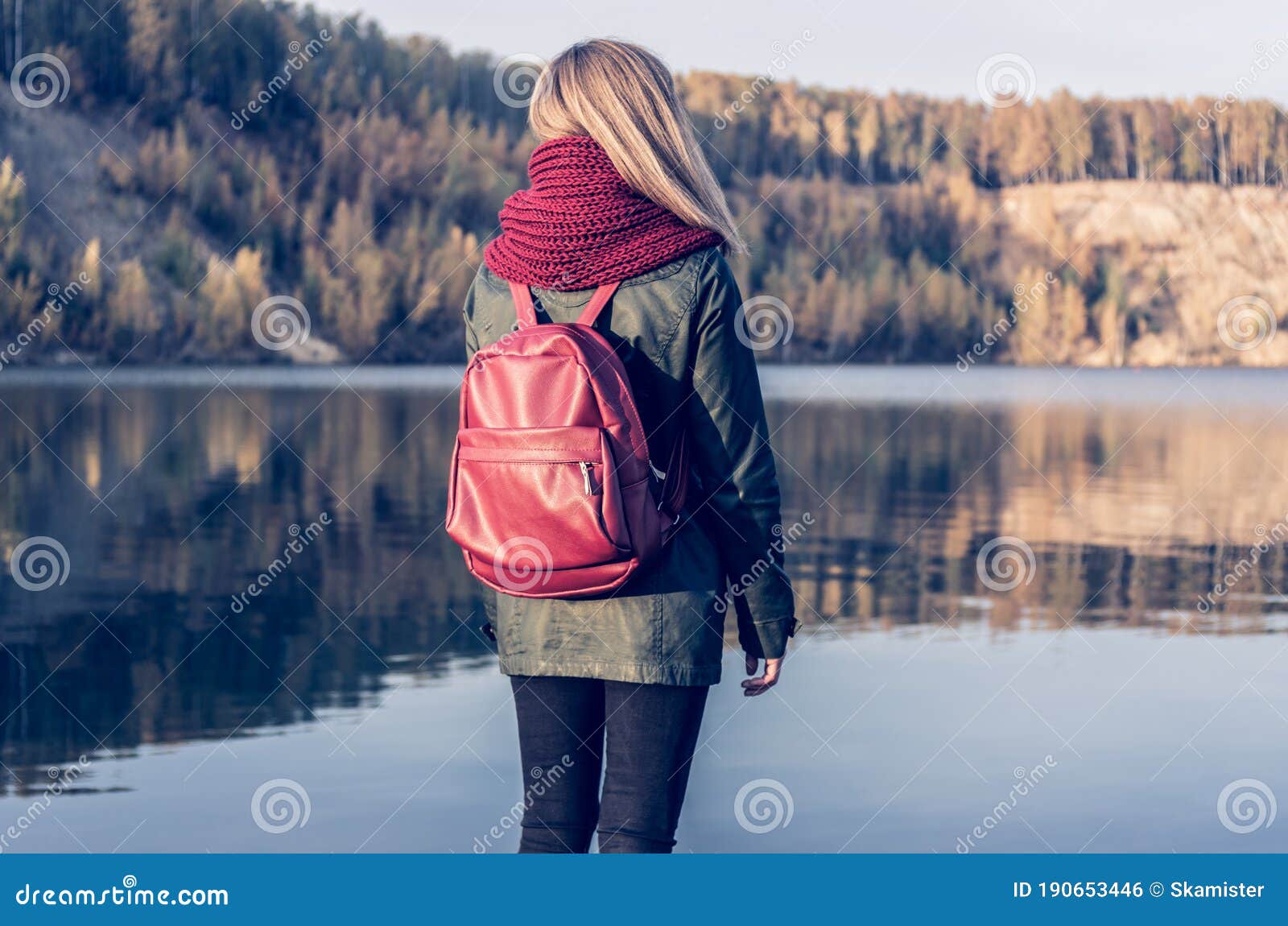 Back View Woman with Red Backpack Looks at Lake Stock Photo - Image of ...