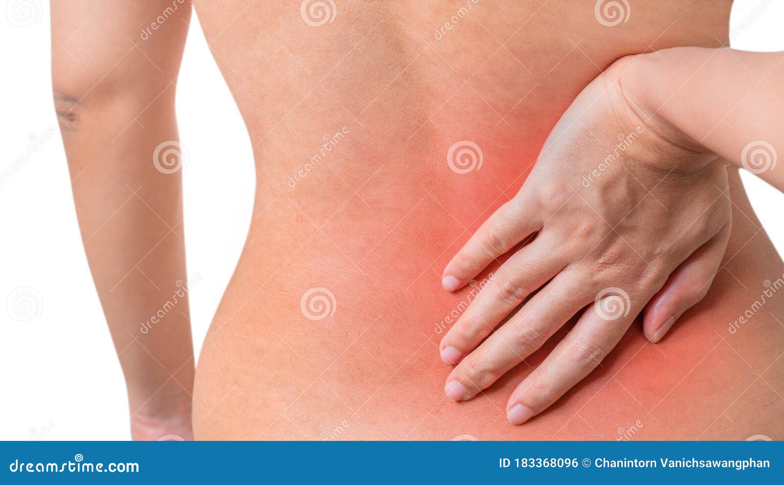 Back View of Woman Suffering from Back Pain and Hand Touch Her Back ...