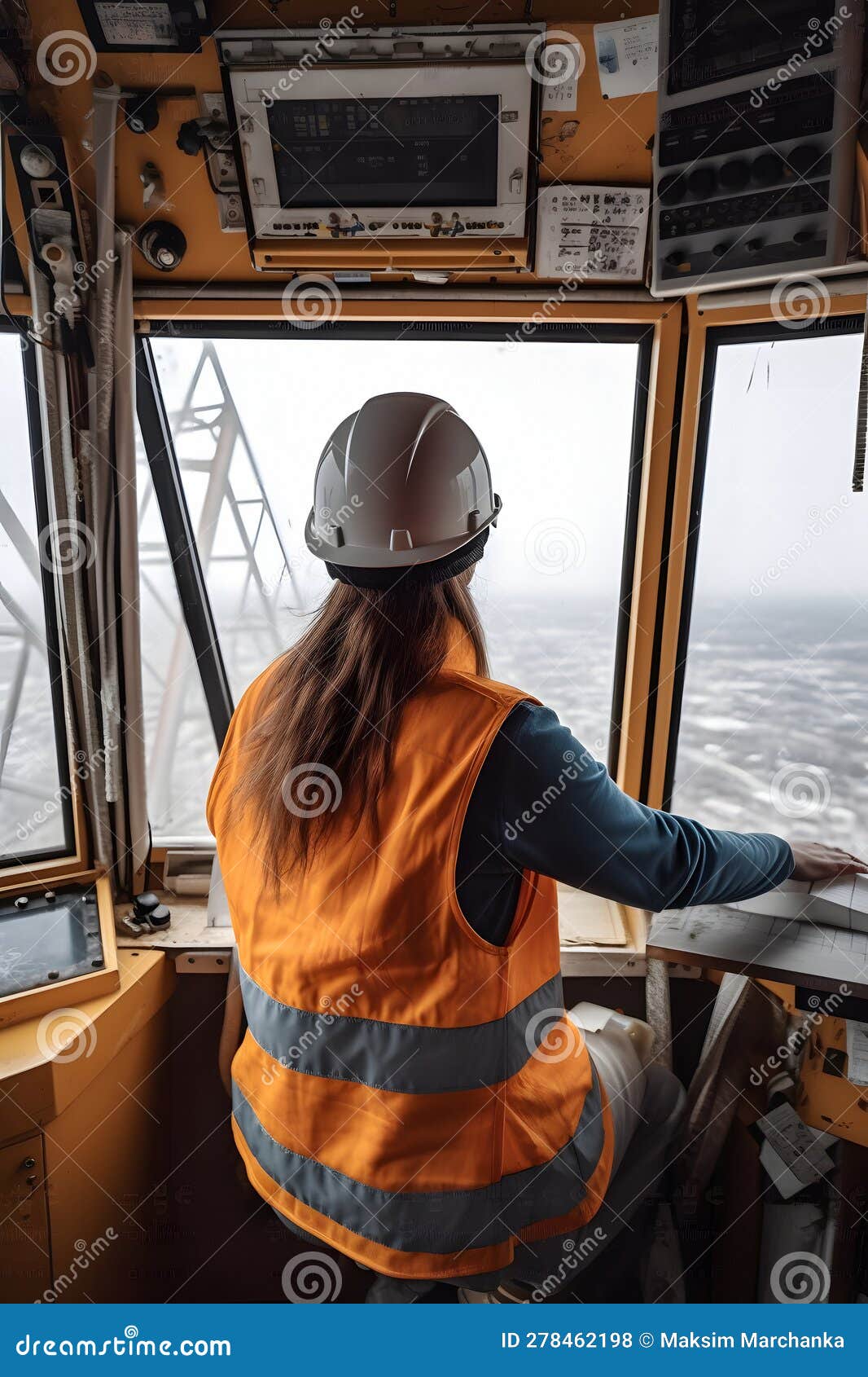 Back View Woman Tower Crane Operator in the Cabin at the Construction ...
