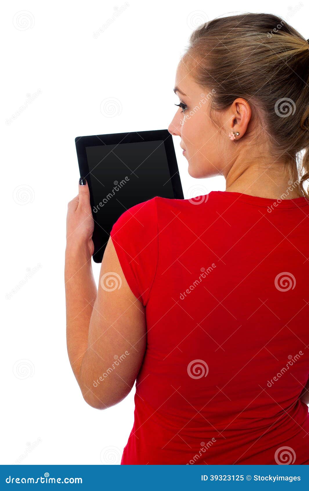 Back View of Woman Using Digital Tablet Stock Image - Image of ...