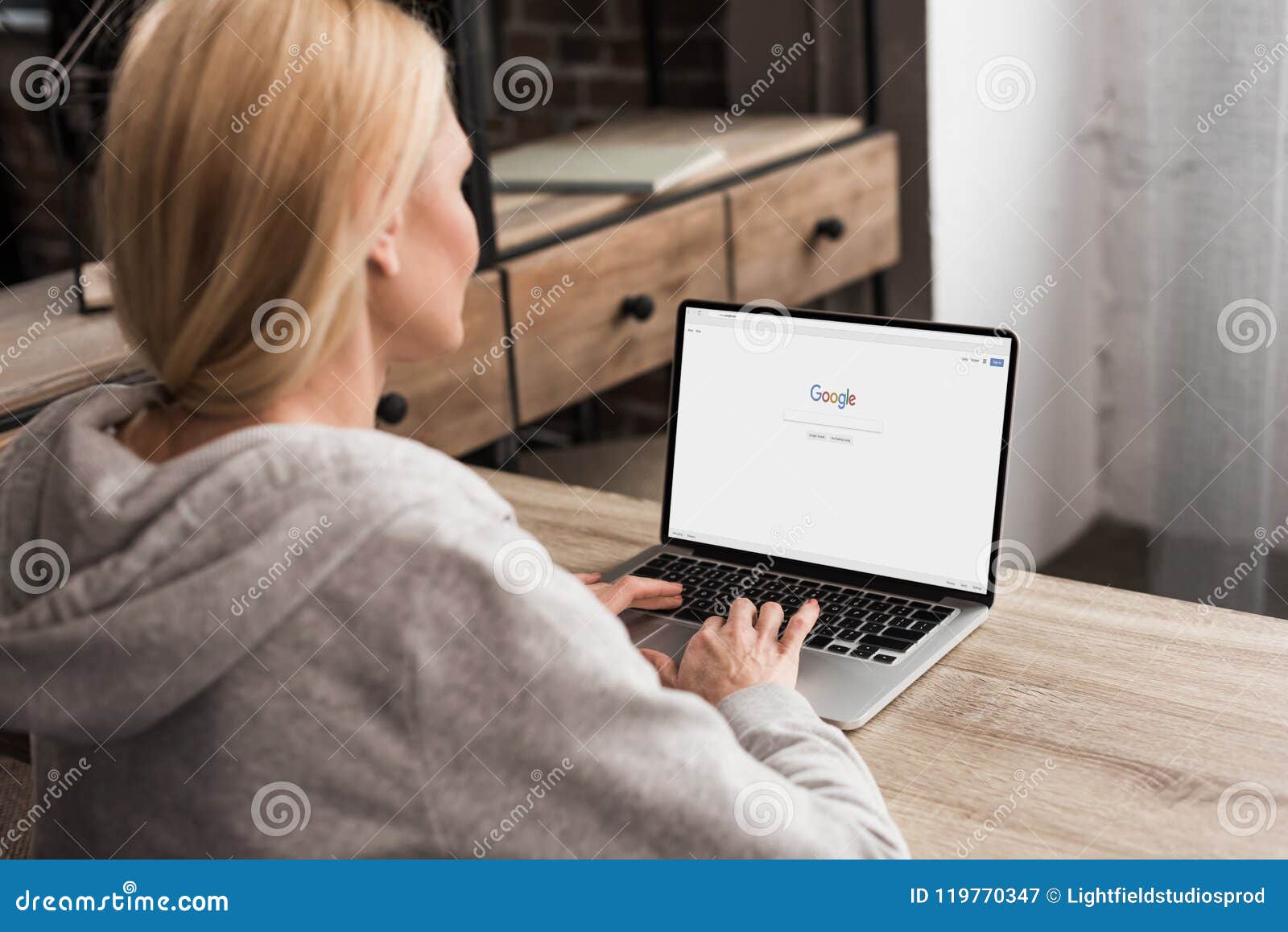 Back View of Woman Using Laptop with Google Website Editorial ...