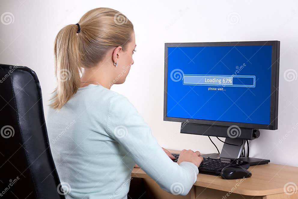 Back View of Woman Using Personal Computer in Office Stock Photo ...