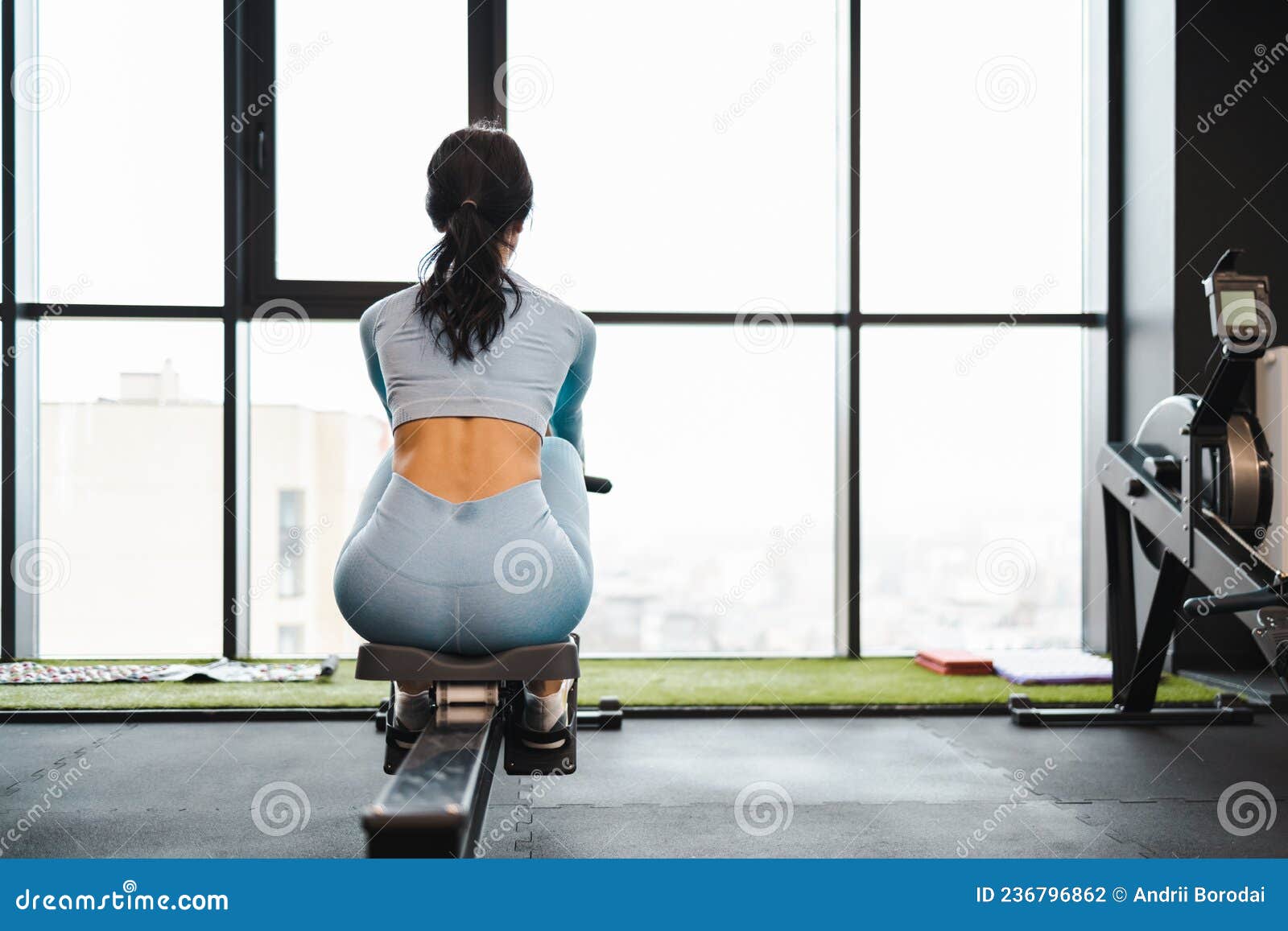 Back View of a Woman Using a Rowing Machine in the Gym. Stock Photo ...