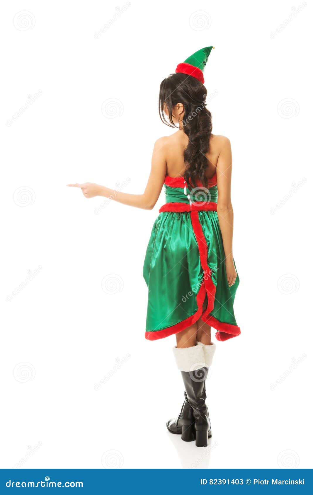 Back View of Woman Wearing Elf Clothes Pointing To the Left Stock Image ...