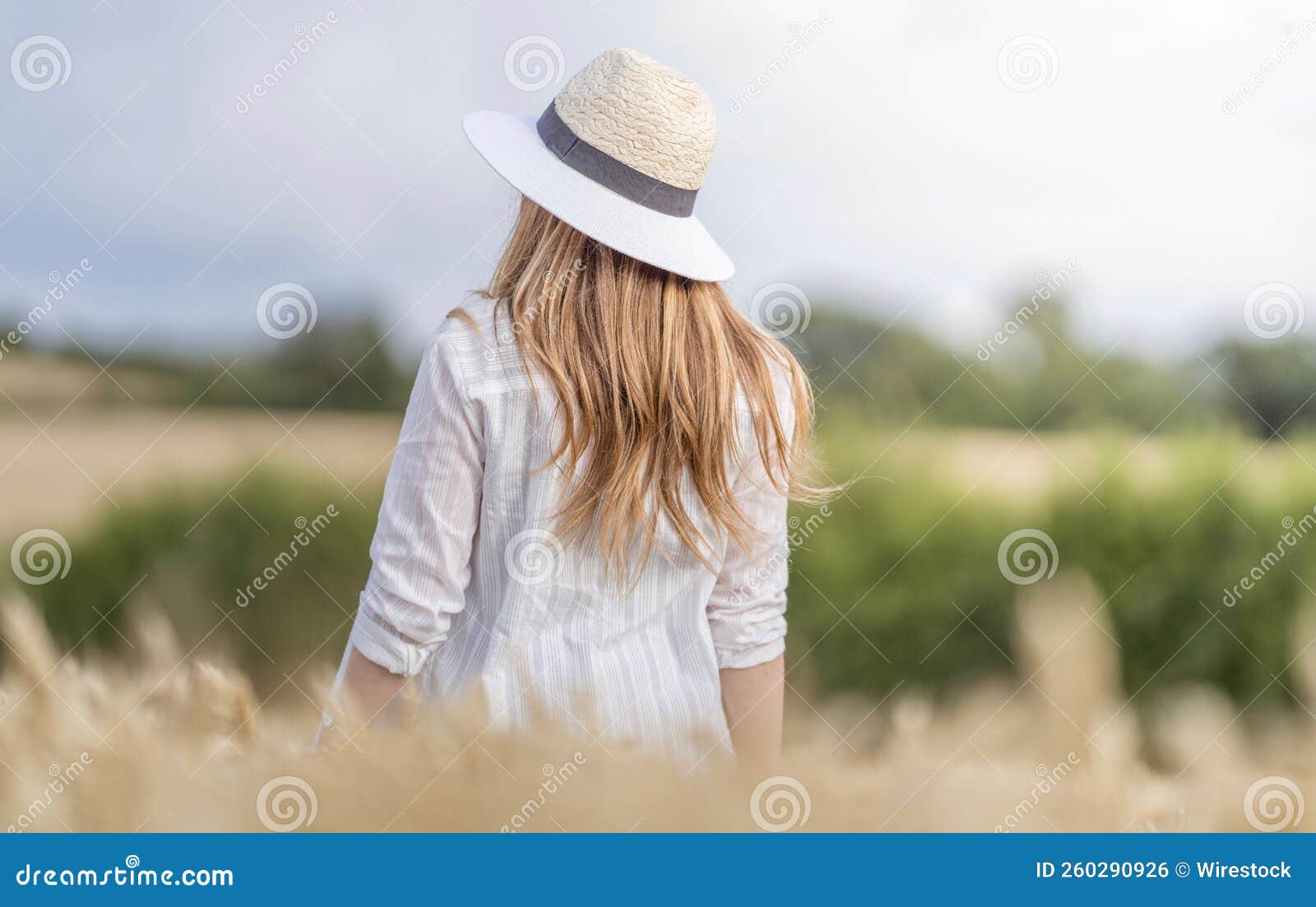 Back View of a Woman Wearing a Hat in a Field Stock Photo - Image of ...
