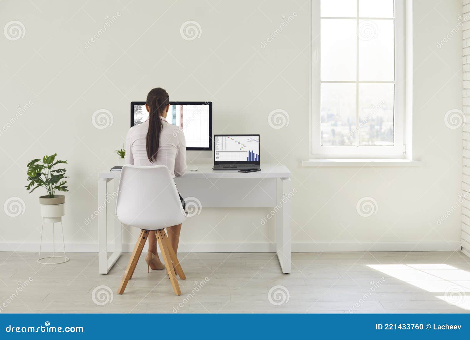 Back View of Woman Sitting at Office Desk and Working on Desktop ...