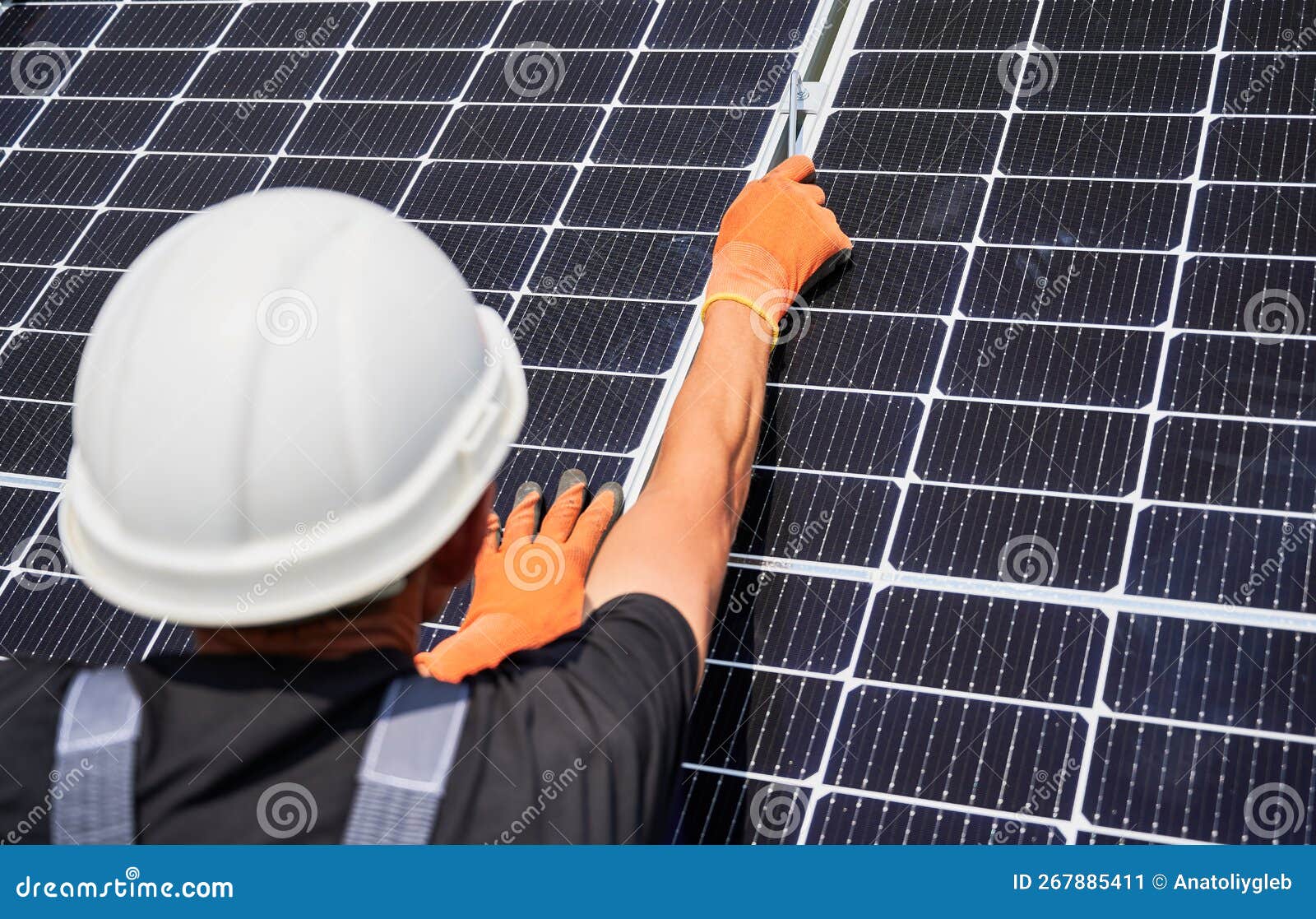 Back View of Worker Installing Solar Panel Stock Image - Image of ...