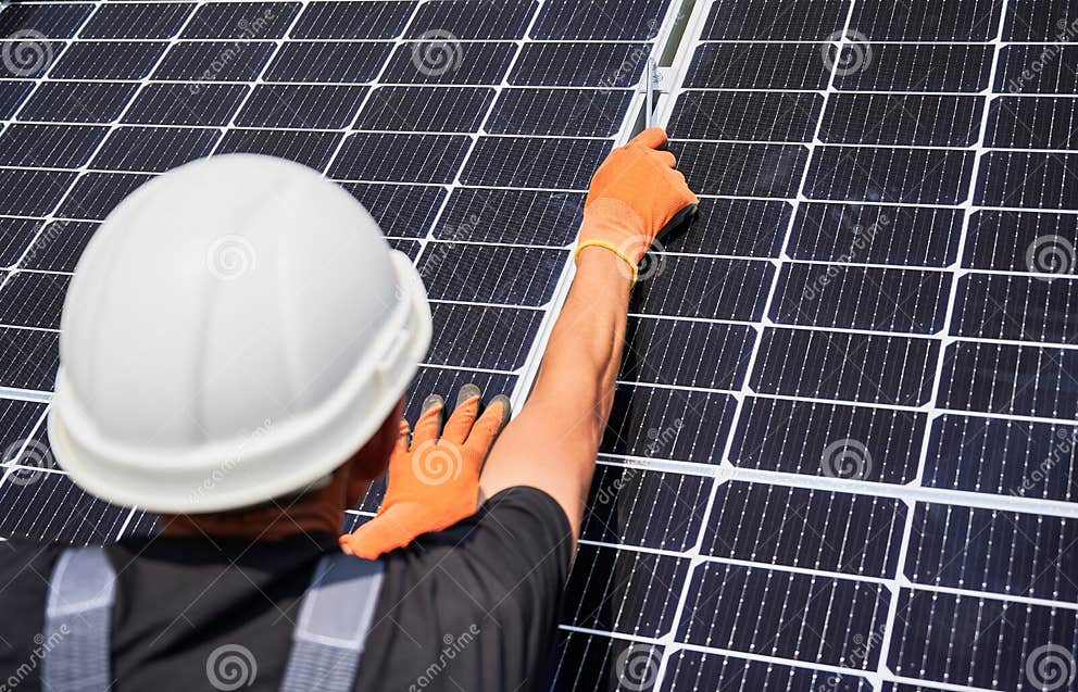 Back View of Worker Installing Solar Panel Stock Image - Image of ...