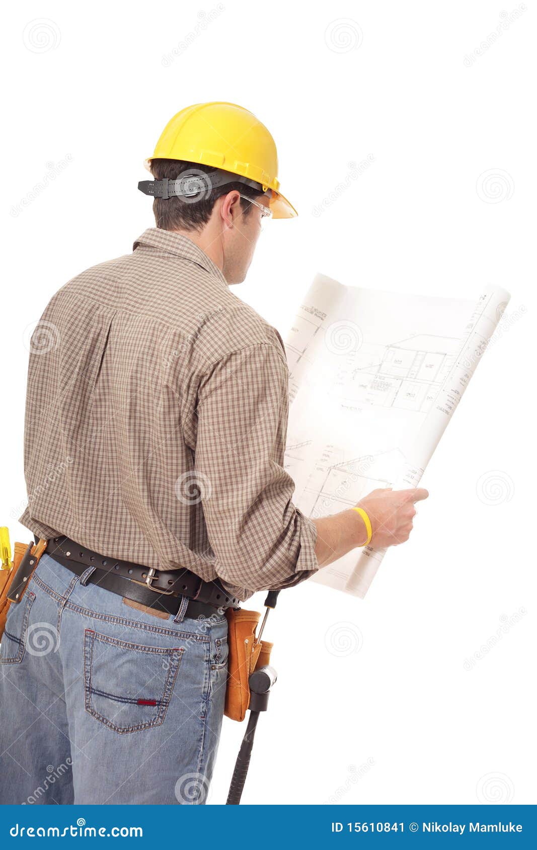 Back View of Worker Reading Plans Stock Image - Image of helmet ...