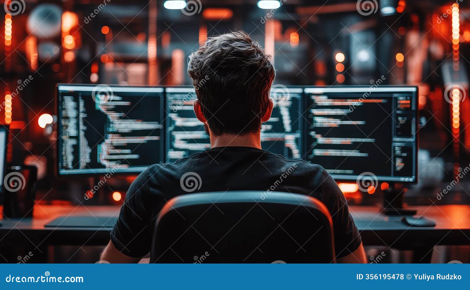 Back View of it Worker Sitting at Desk and Working on Computer - Programmer or Coder Engaged in ...