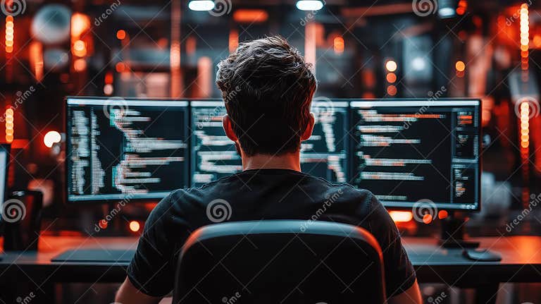 Back View of it Worker Sitting at Desk and Working on Computer - Programmer or Coder Engaged in ...