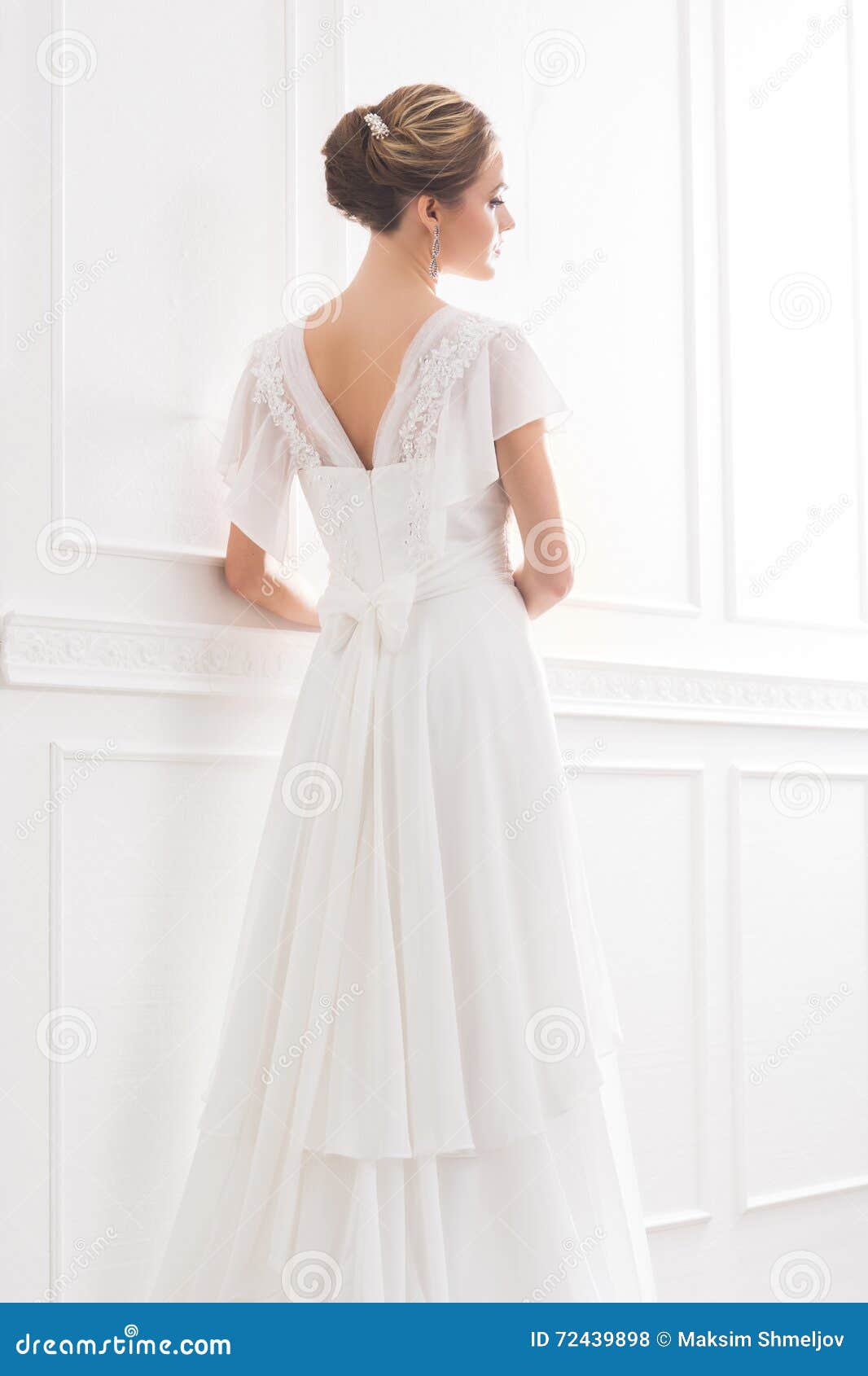 Back View of Young and Beautiful Bride in White Dress Stock Photo ...