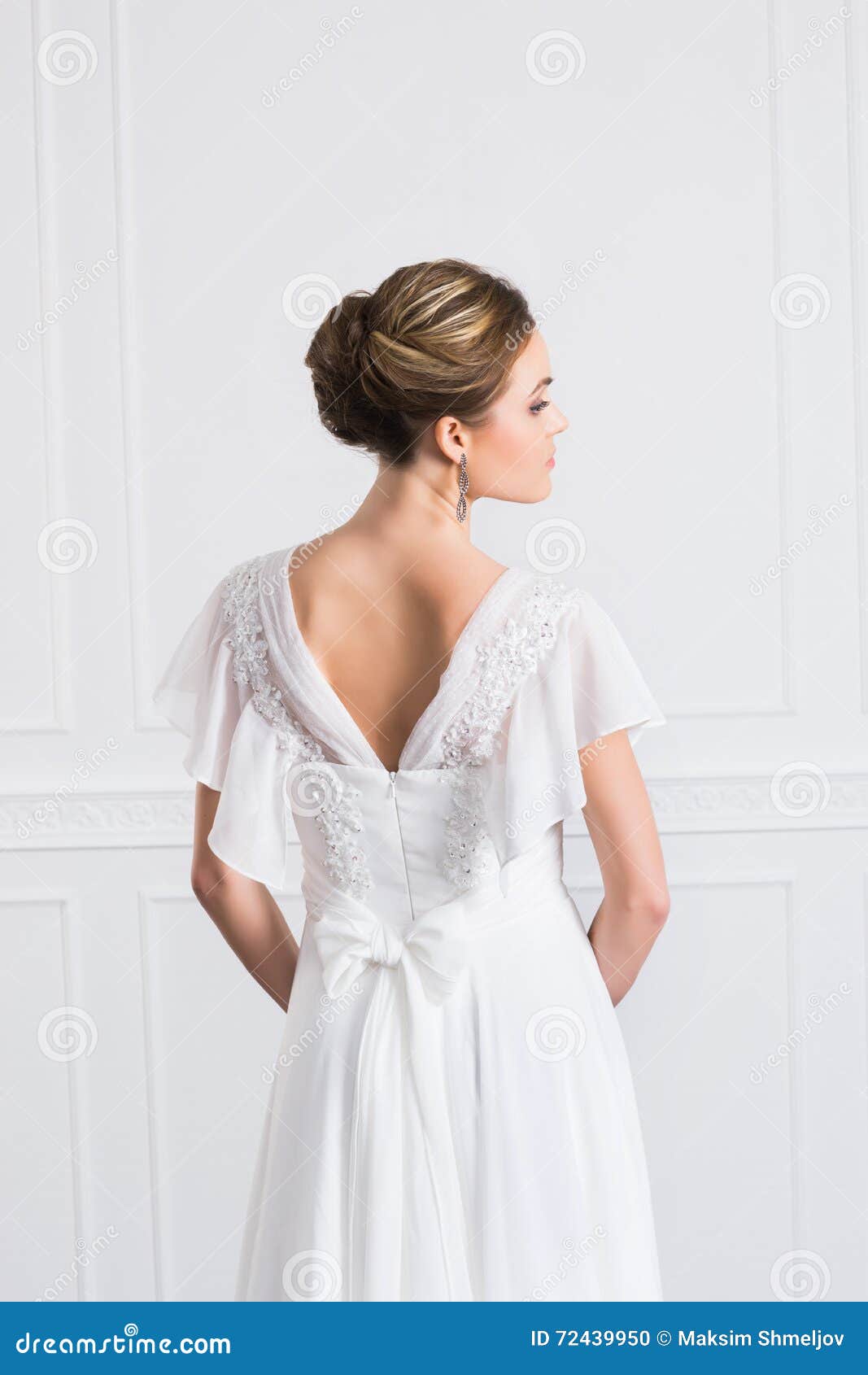Back View of Young and Beautiful Bride in White Dress Stock Photo ...