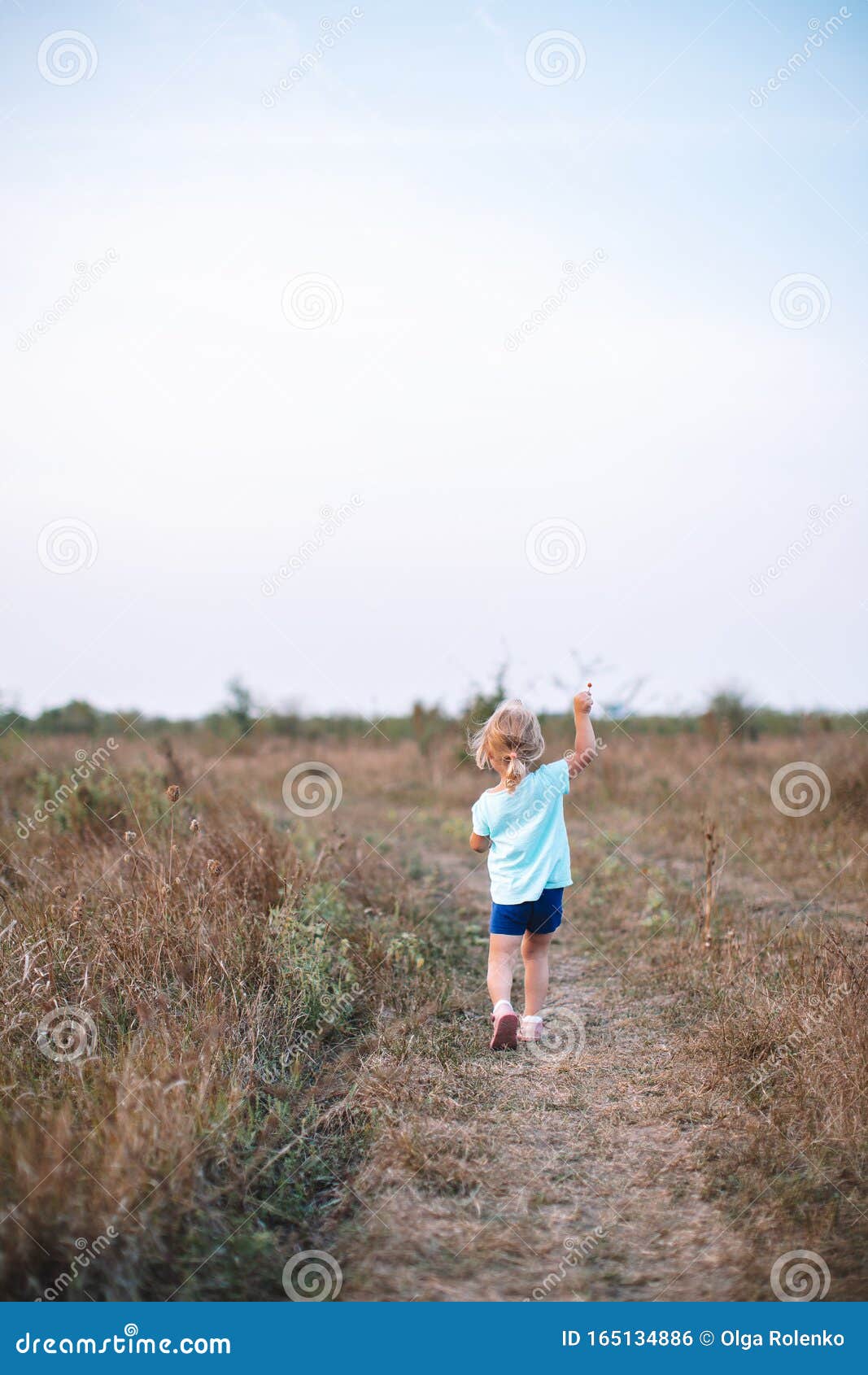 Back View of a Young Blond Girl Running Happily in an Open Field Stock ...
