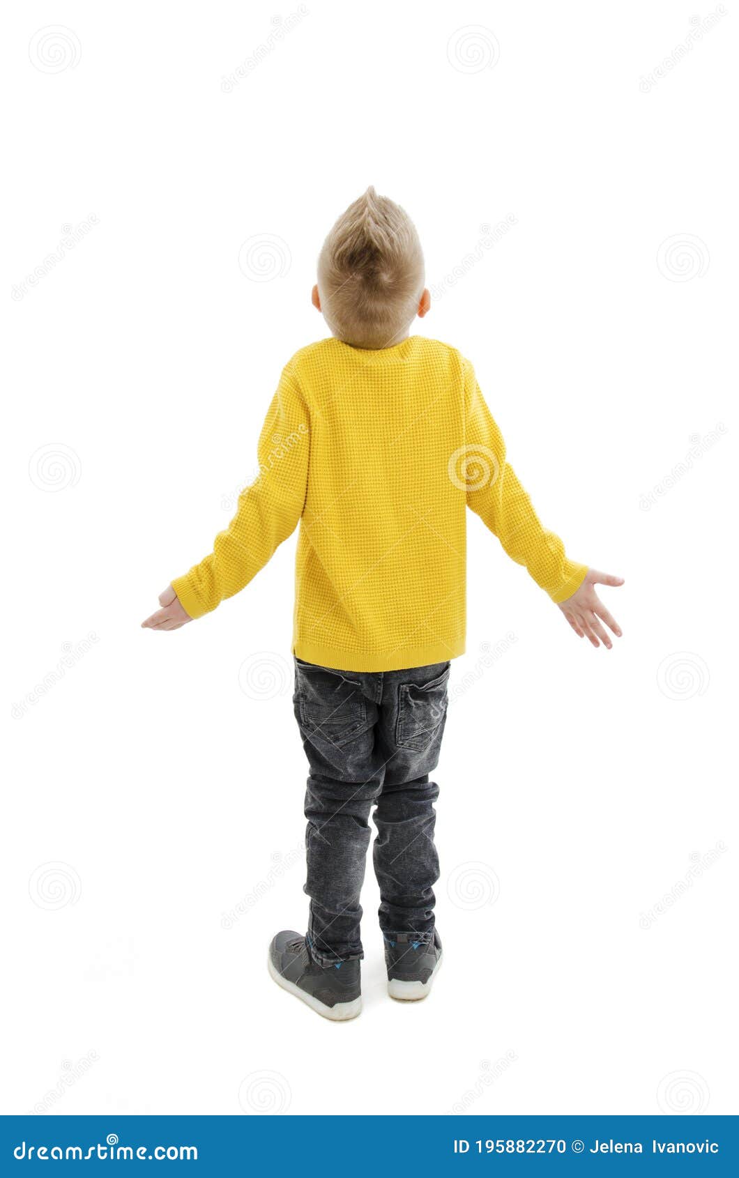 Back View of Young Boy Confusing. Shocked Little Boy with Hands Up ...