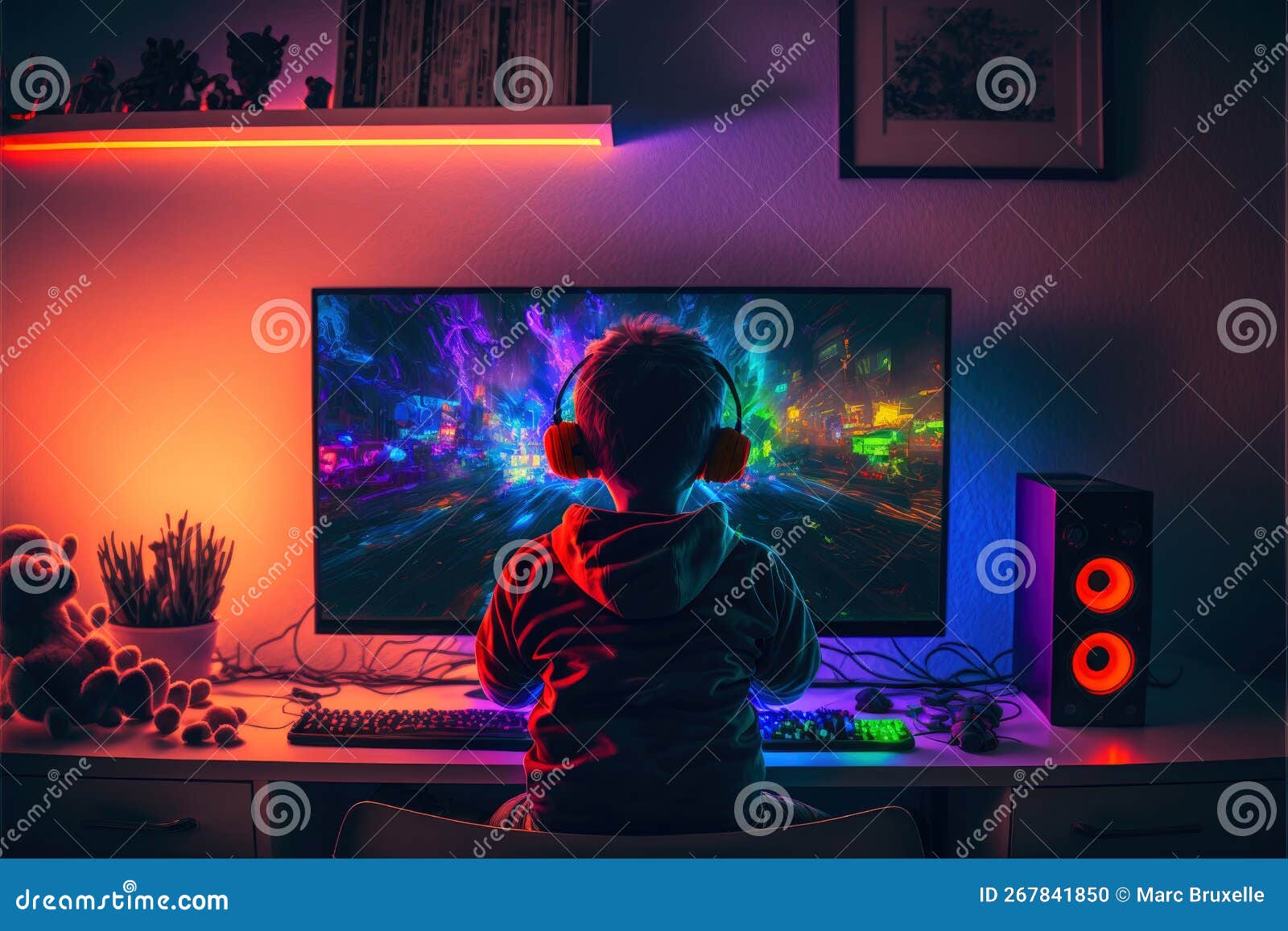 Back View of a Young Boy Playing Videogames and Watching a Huge ...