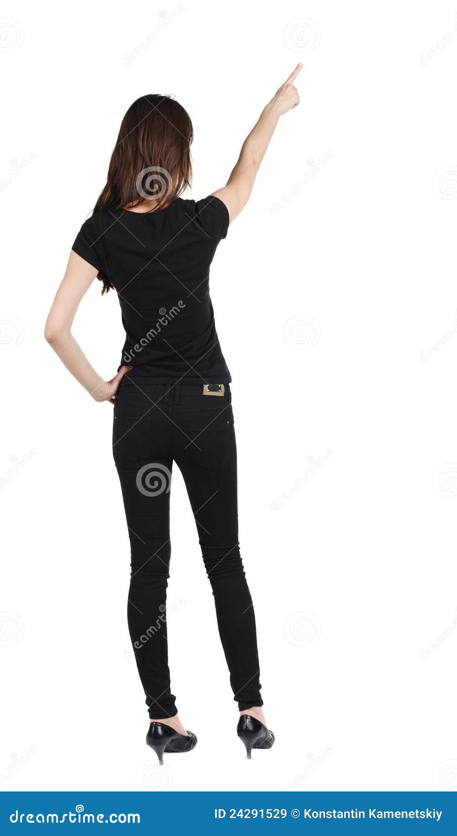 Back View of Young Brunette Woman Pointing at Wall . Stock Image ...