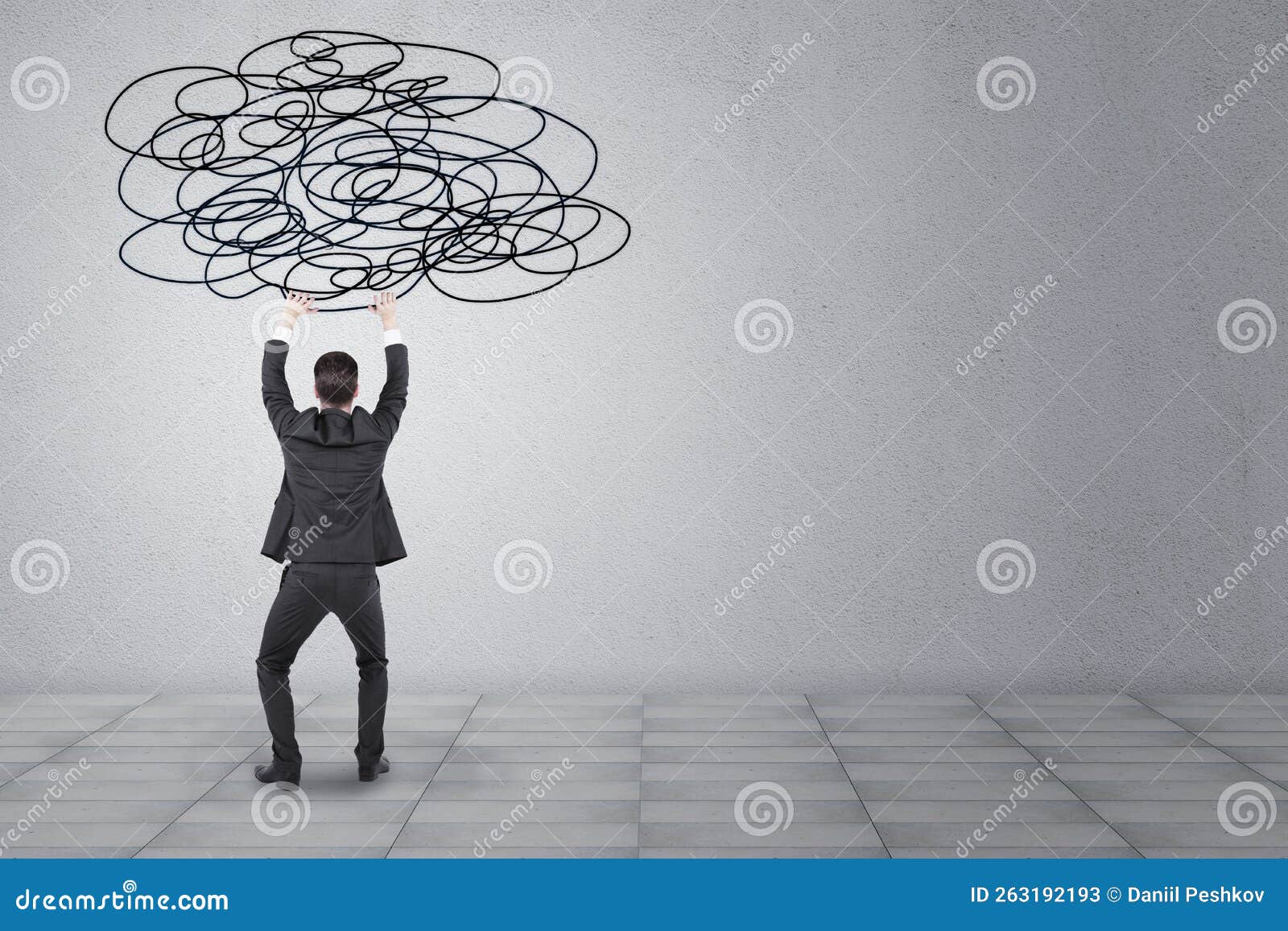 Back View of Young Businessman Holding Scribble of Thoughts on Concrete ...