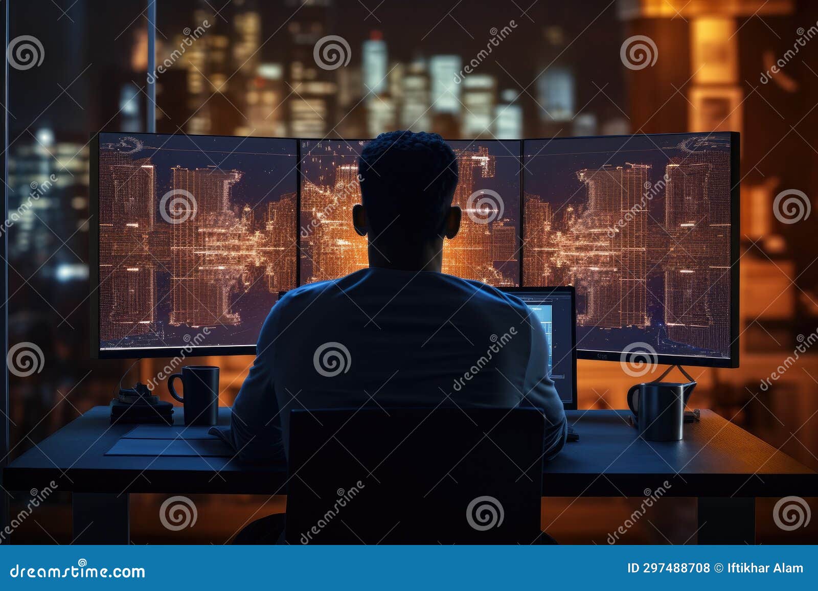 Back View of Young Businessman Sitting at Desk and Working on Computer ...