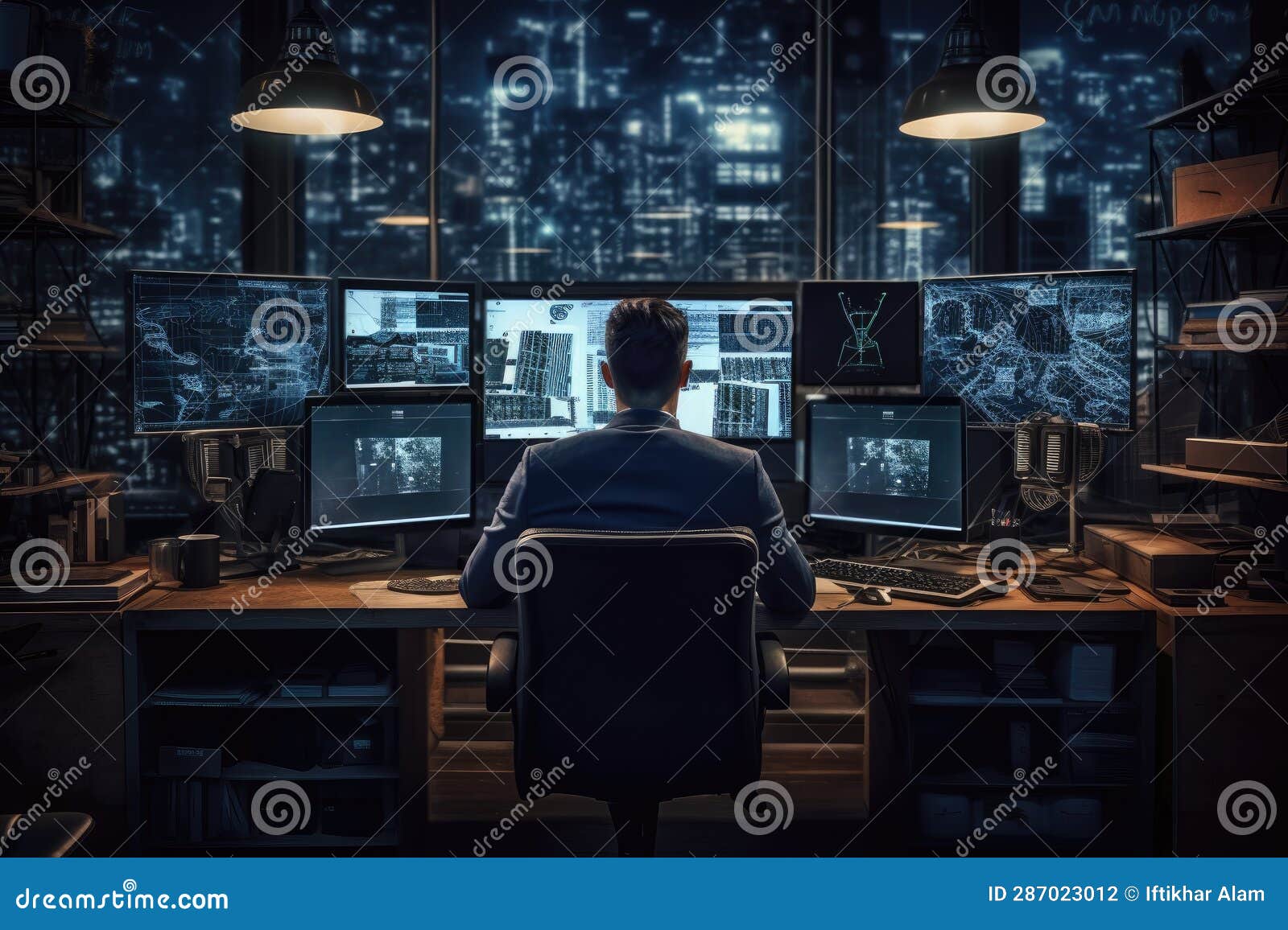 Back View of Young Businessman Sitting in Front of Computer Monitors in ...