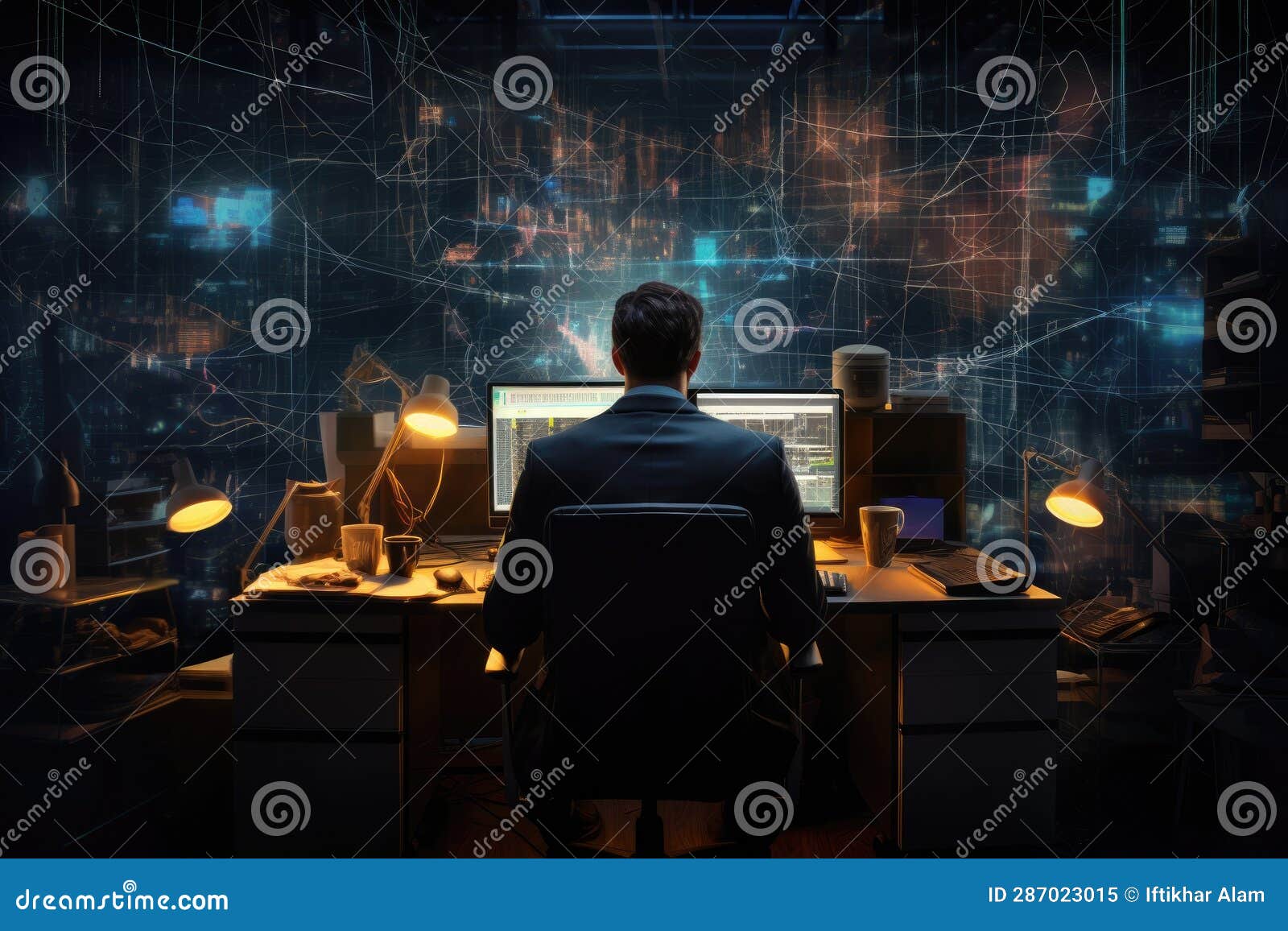 Back View of Young Businessman Sitting in Office and Looking at ...