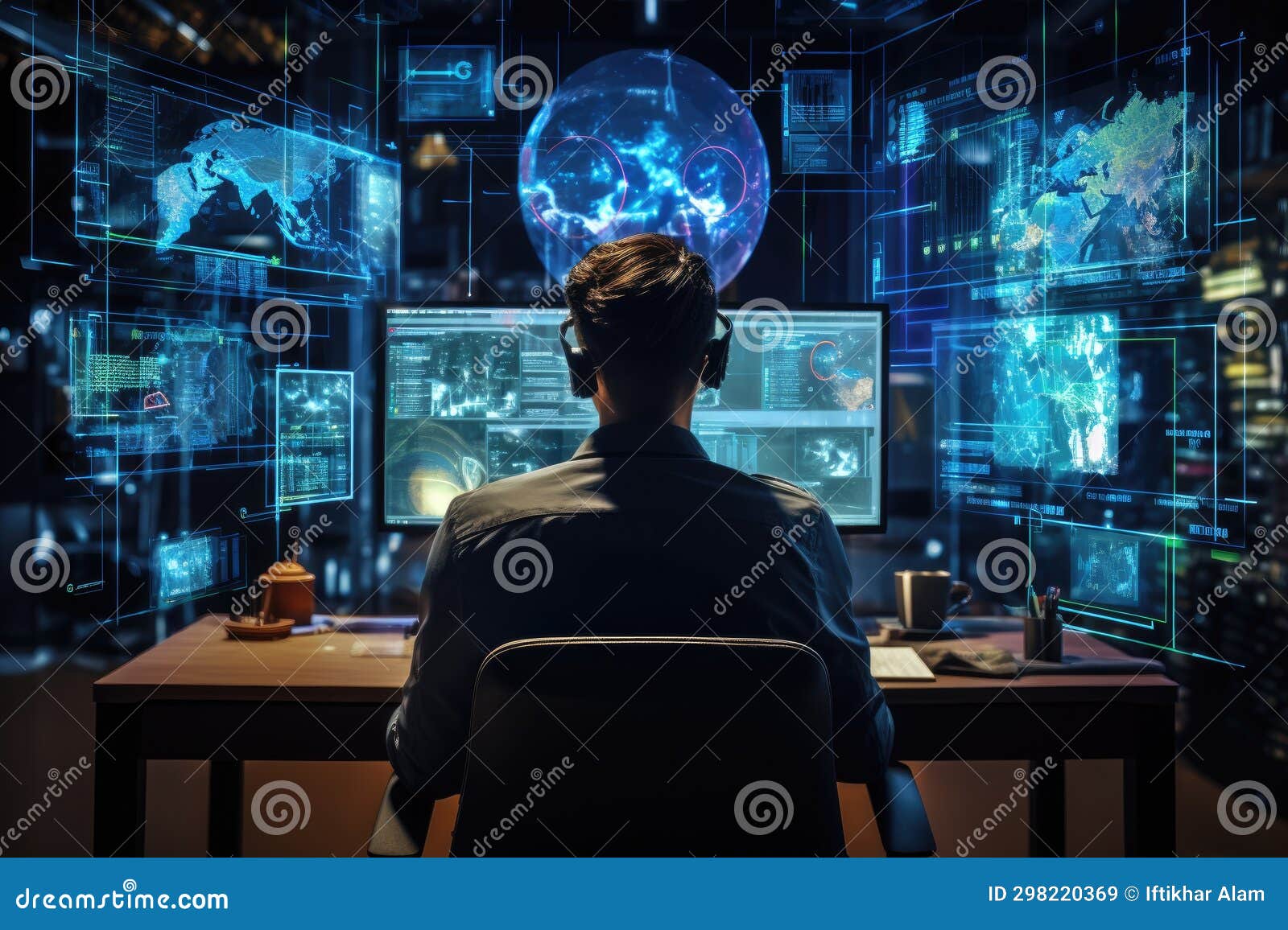 Back View of Young Businessman Sitting at Table in Office and Looking ...