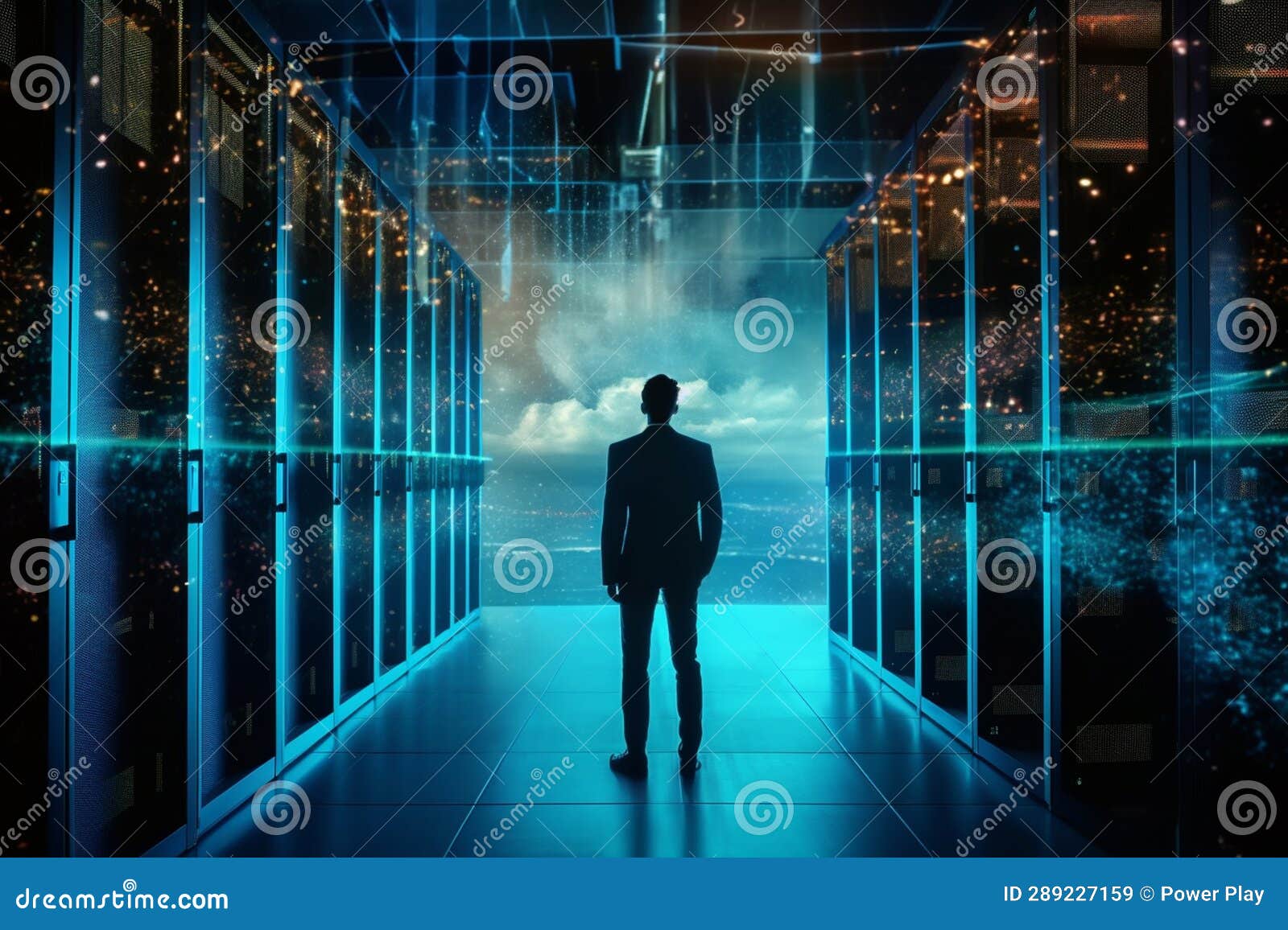 Back View of Young Businessman Standing in Server Room and Looking at ...