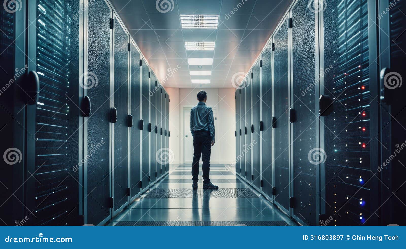 Back View of Young Businessman Standing in Server Room and Looking at ...