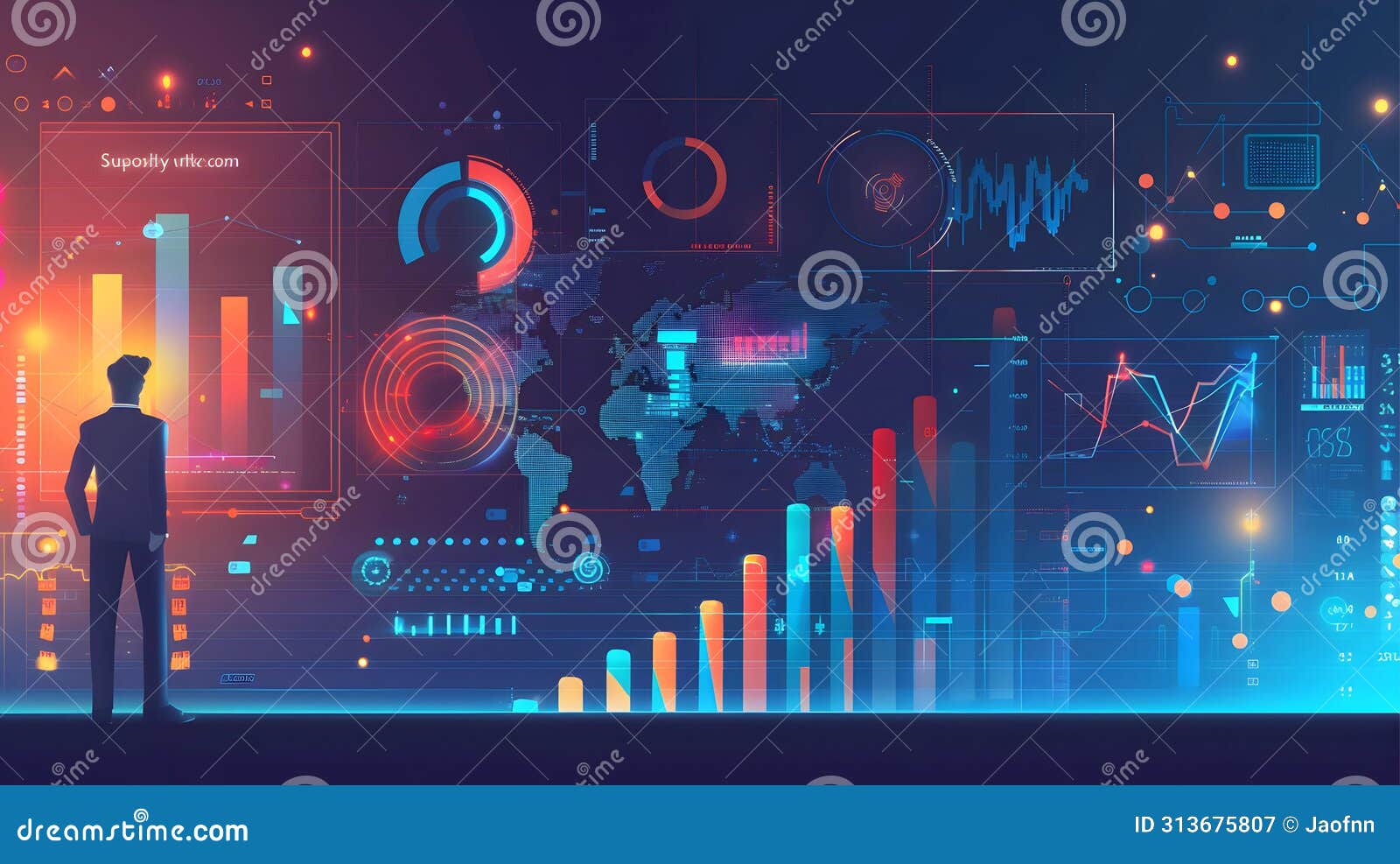 Back View of Young Businessman Working with Virtual Panel with ...